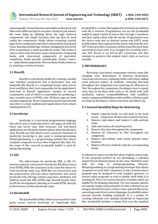 Reactcodemod An Automated Approach For Refactoring Class Based Components To Hooks Pdf