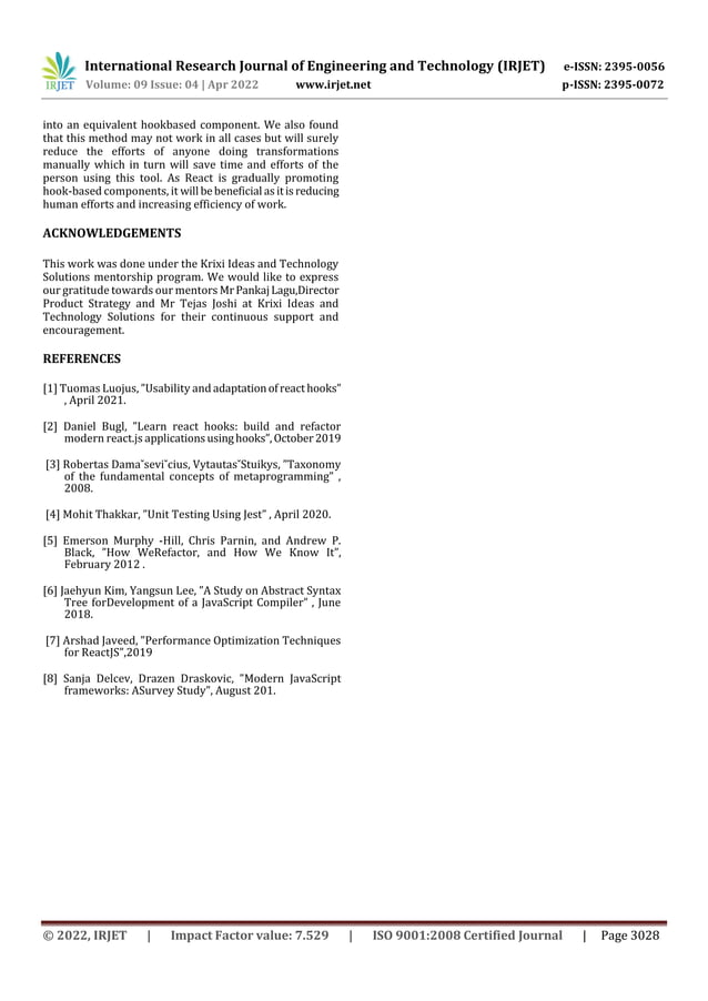 ReactCodemod: An automated approach for refactoring class based components to Hooks | PDF