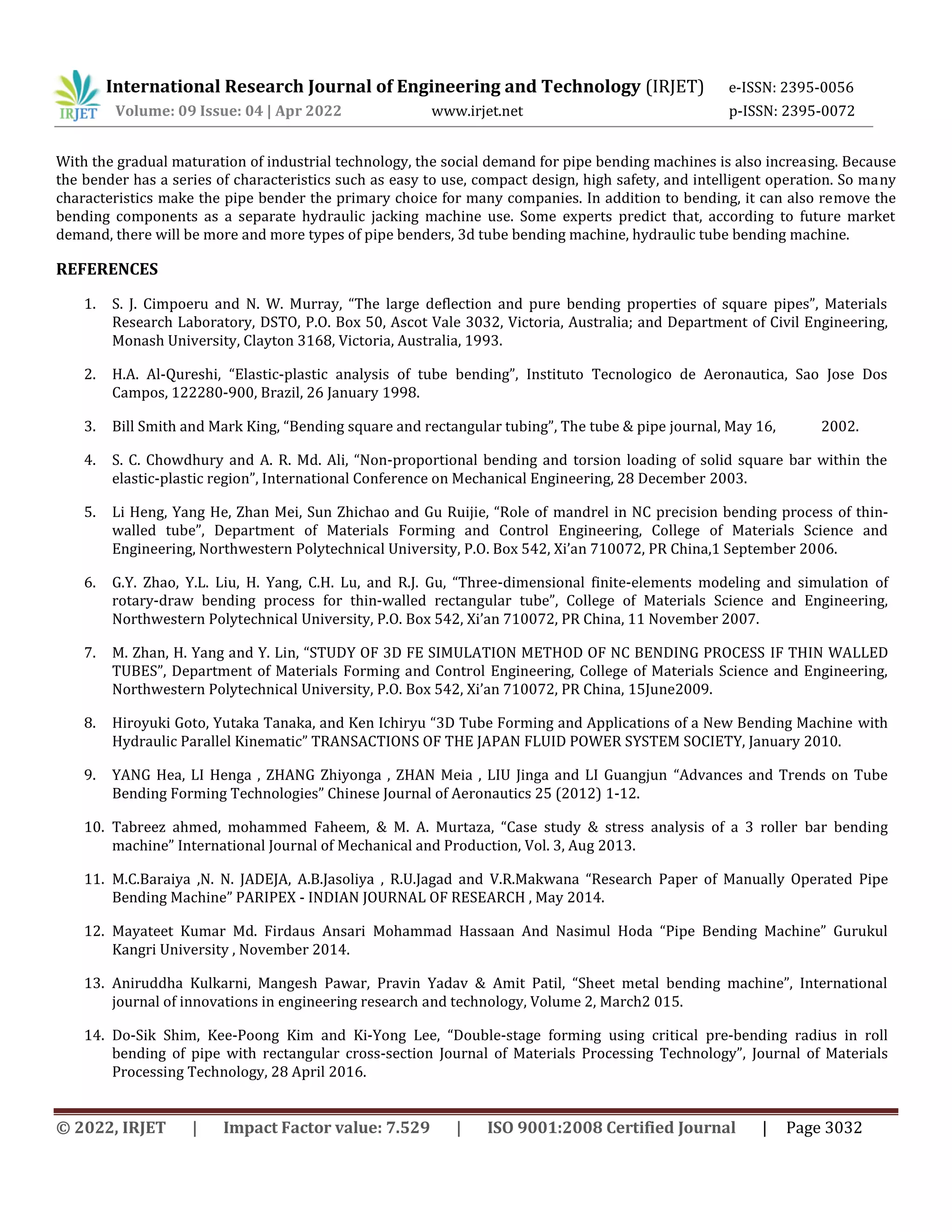 Review of Stress analysis & fabrication of circular and non-circular tube bending machine | PDF