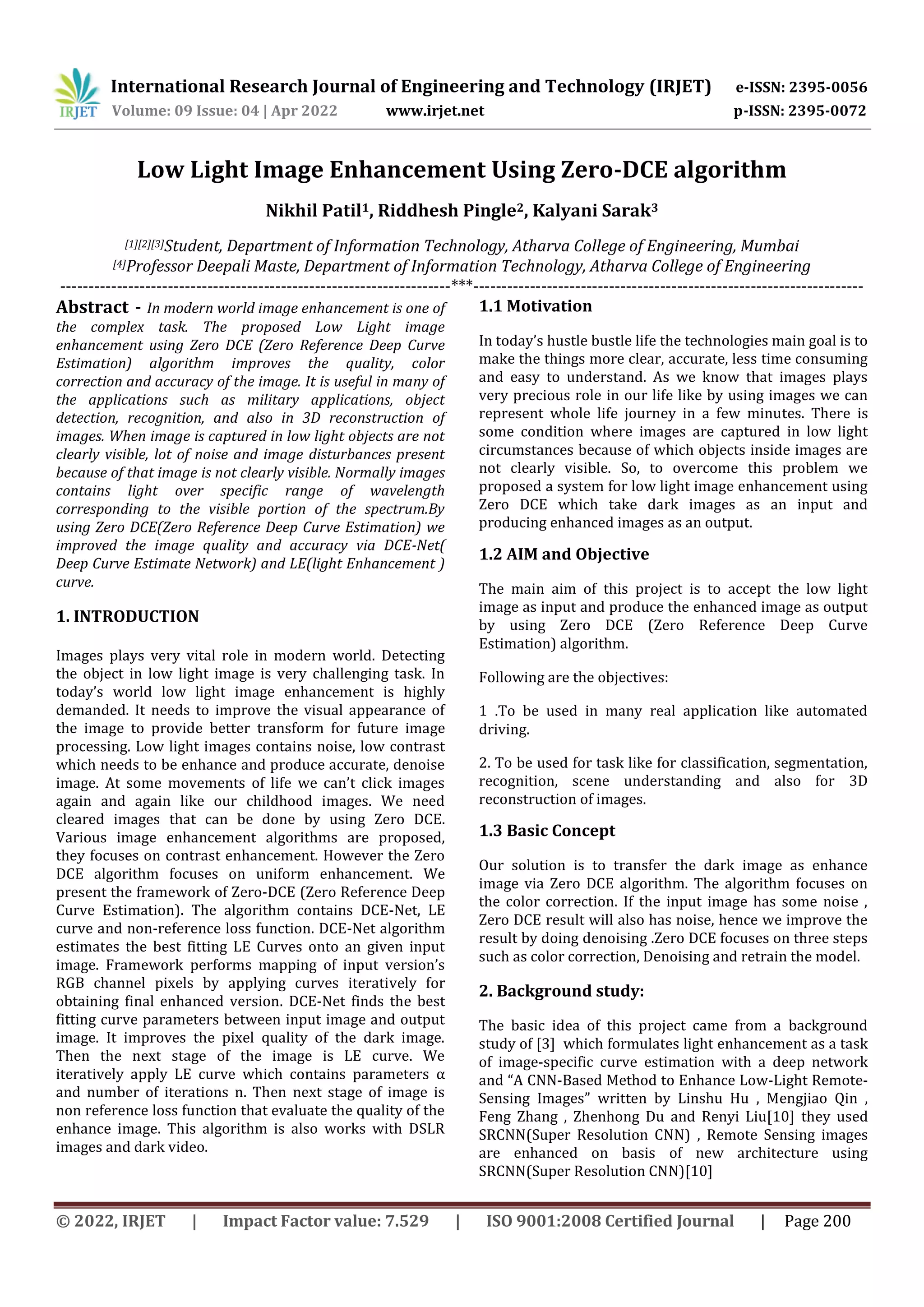 Low Light Image Enhancement Using Zero-DCE algorithm | PDF