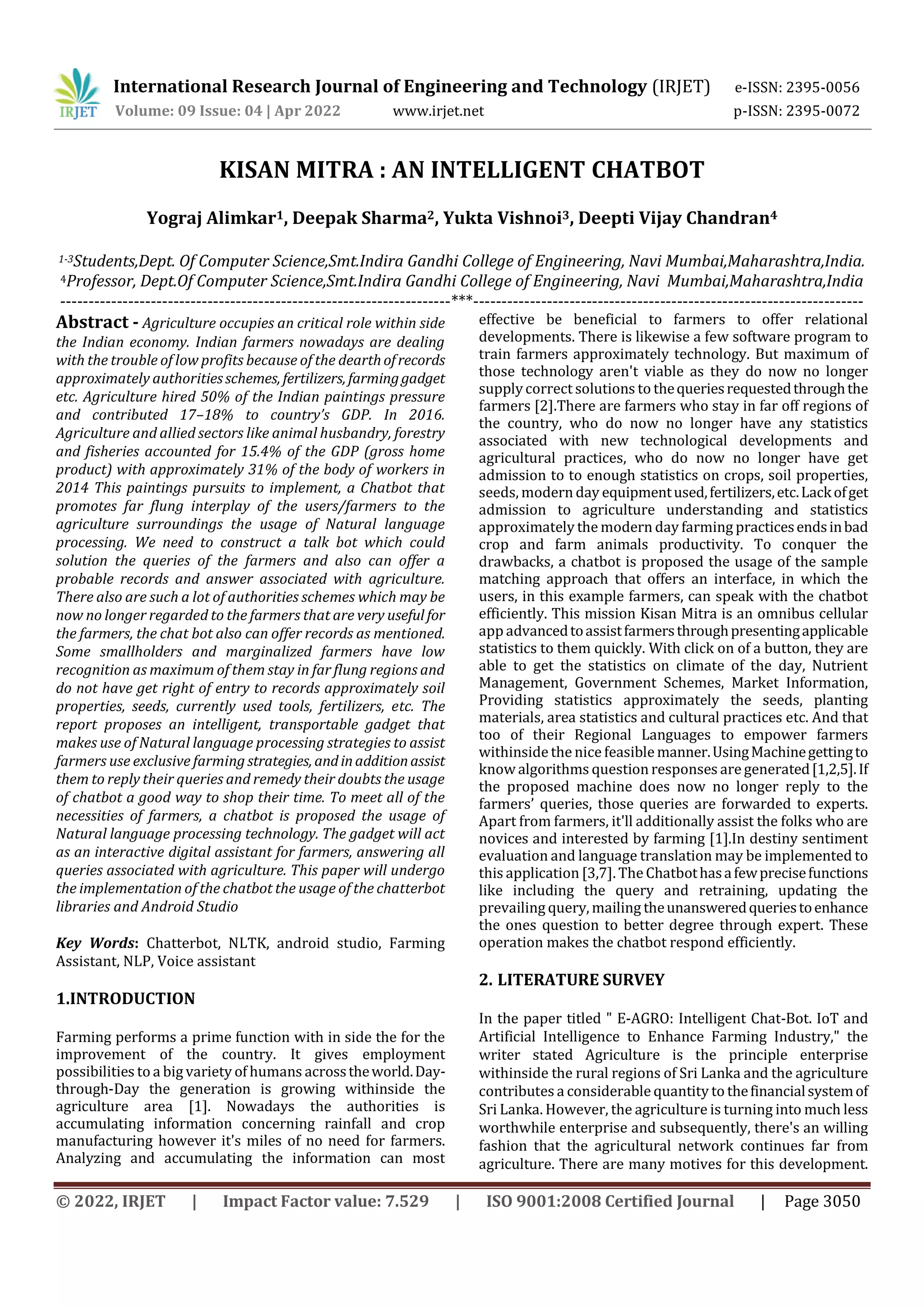 KISAN MITRA : AN INTELLIGENT CHATBOT | PDF