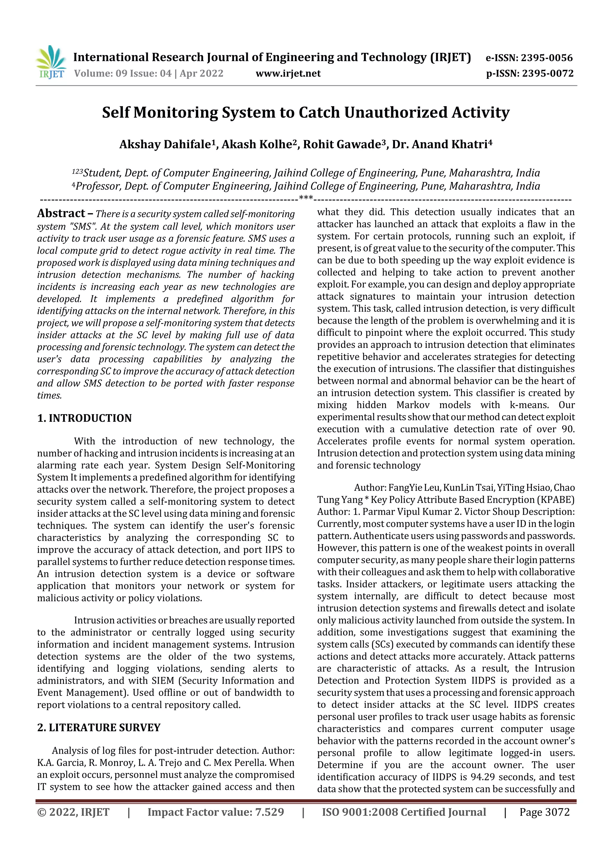 Self Monitoring System to Catch Unauthorized Activity | PDF