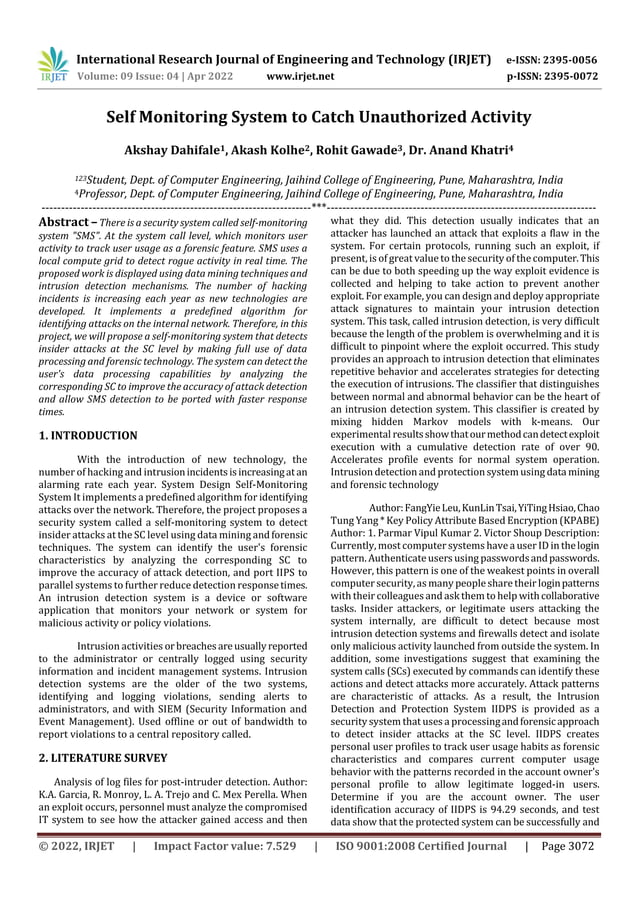 Self Monitoring System to Catch Unauthorized Activity | PDF