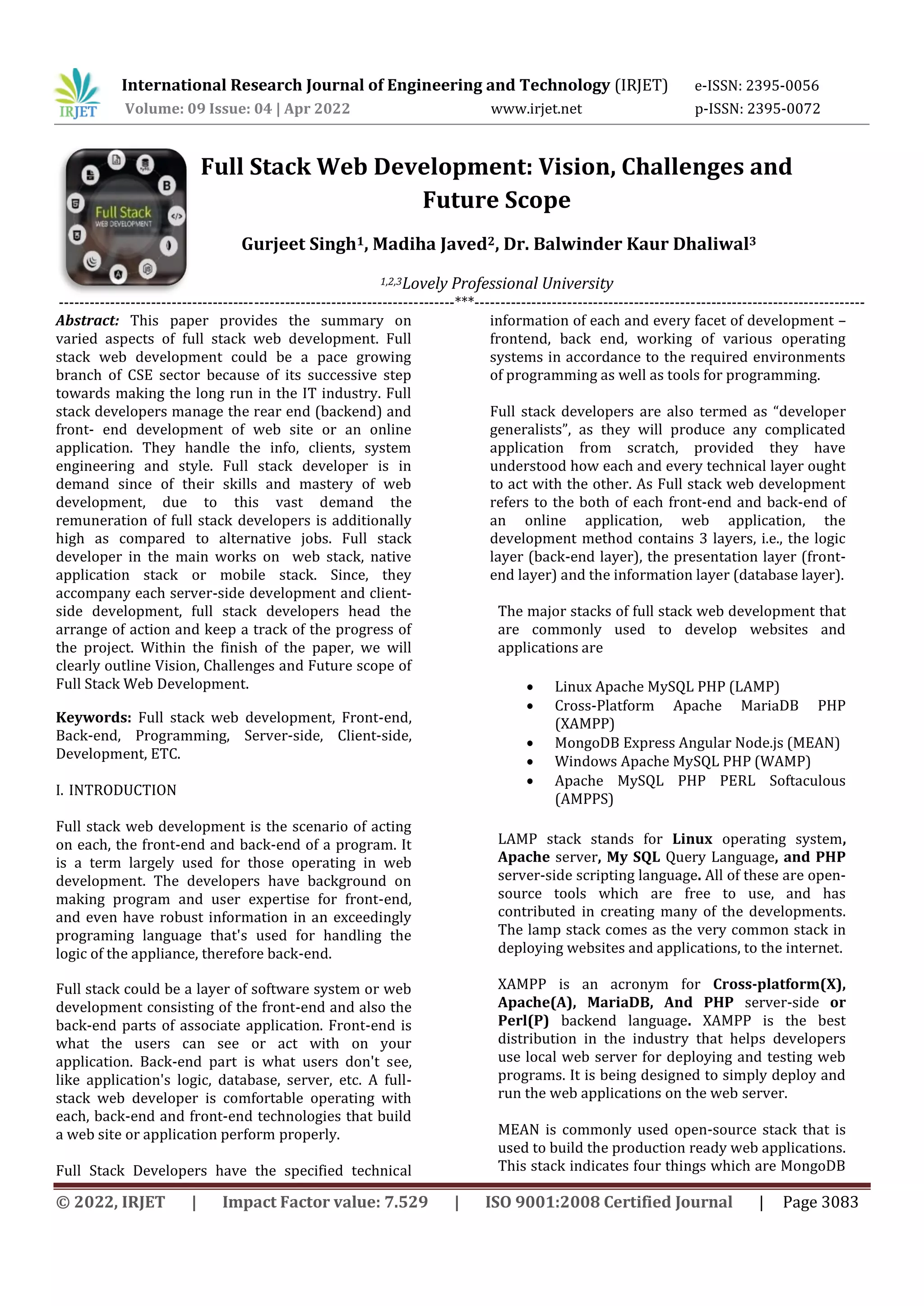 Full Stack Web Development: Vision, Challenges and Future Scope | PDF