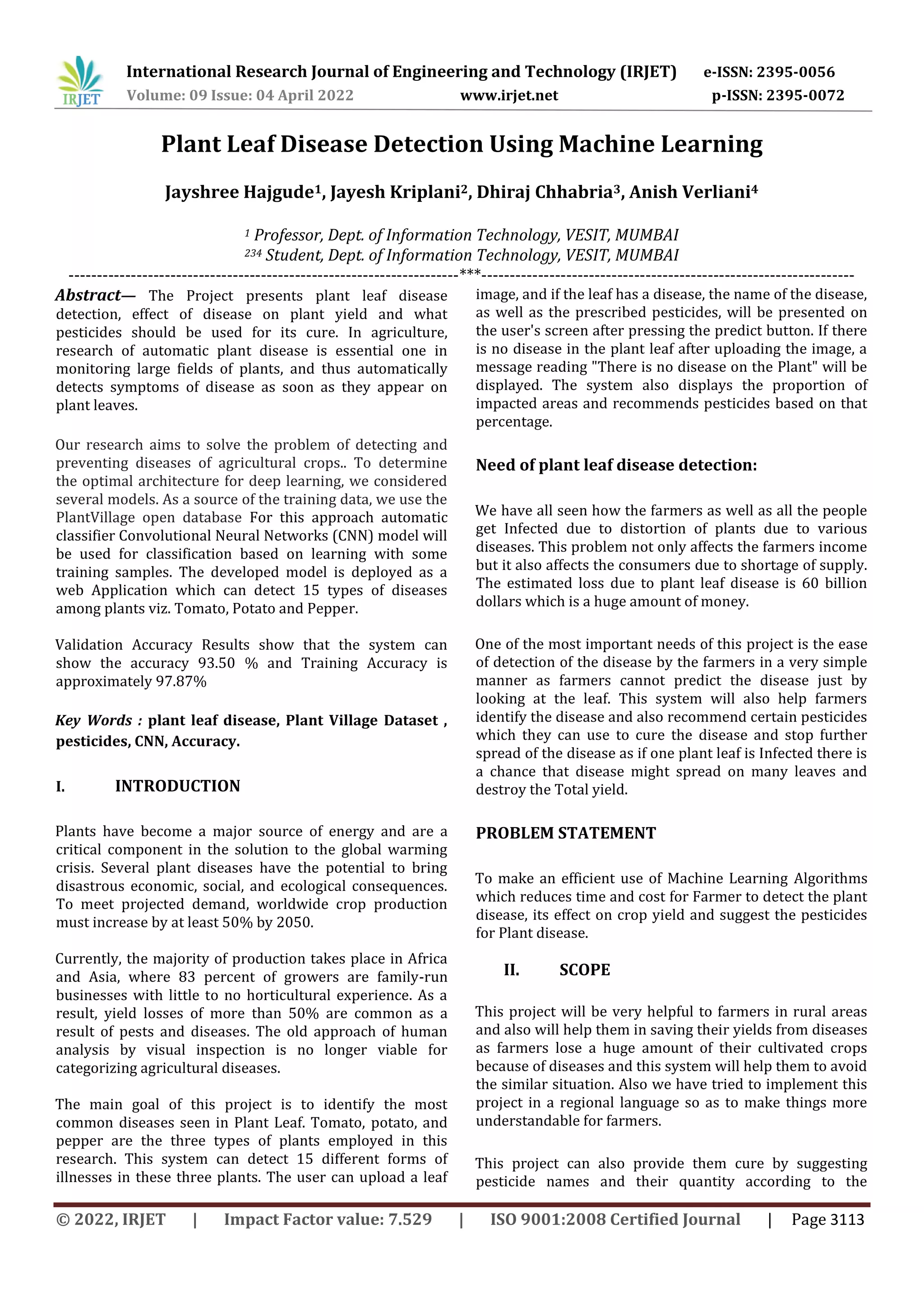 Plant Leaf Disease Detection Using Machine Learning | PDF
