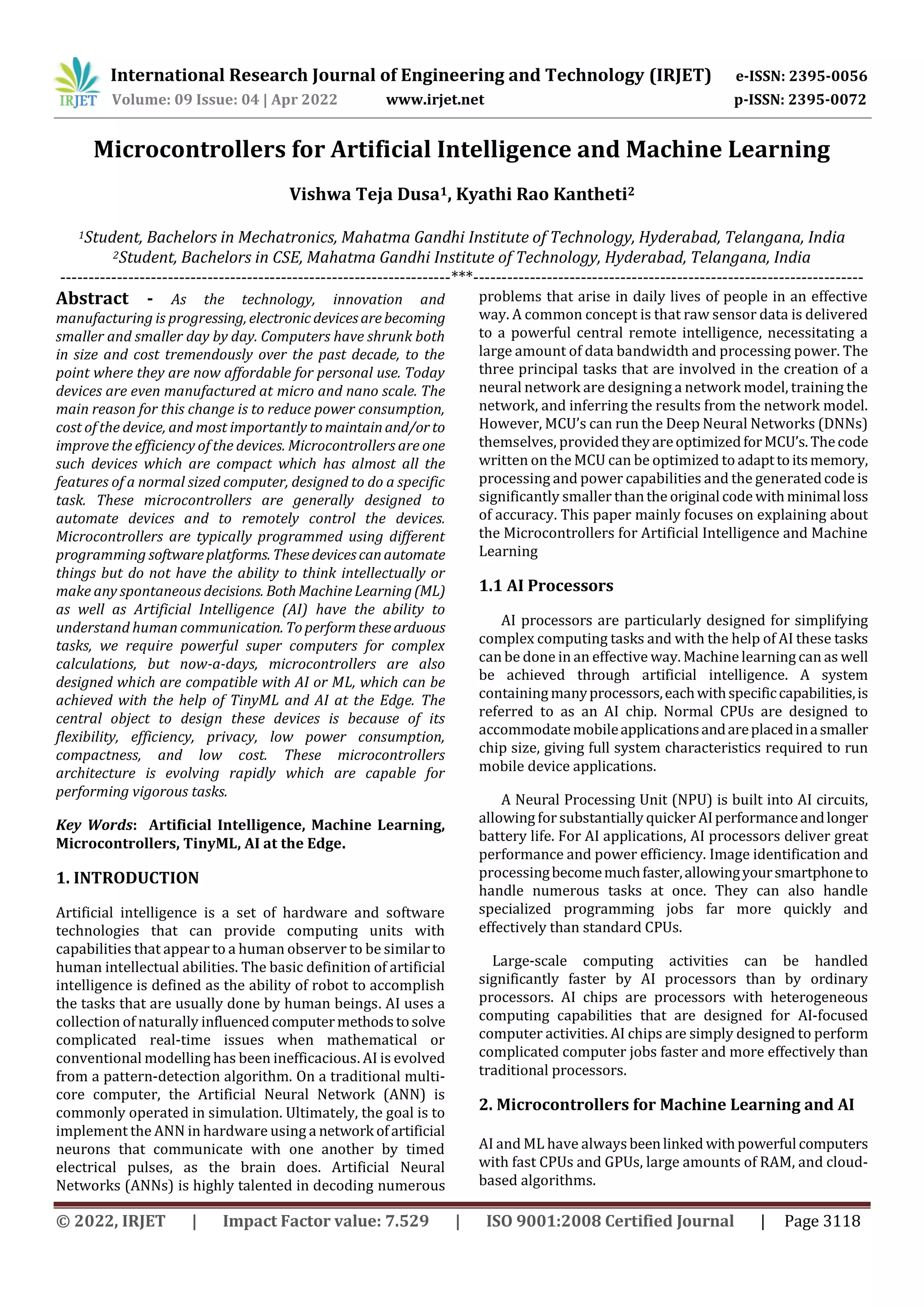 Microcontrollers for Artificial Intelligence and Machine Learning | PDF