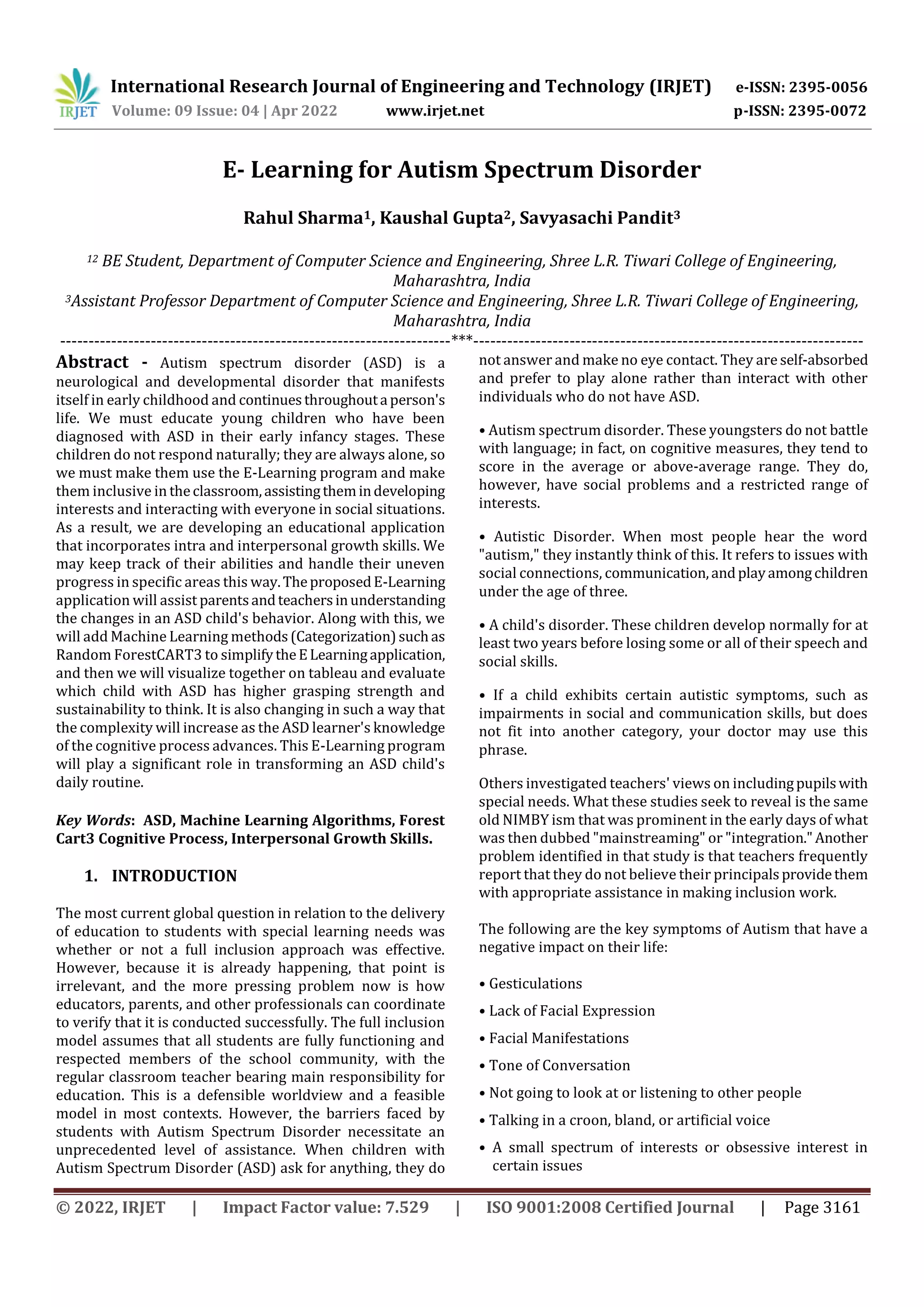 E- Learning for Autism Spectrum Disorder | PDF