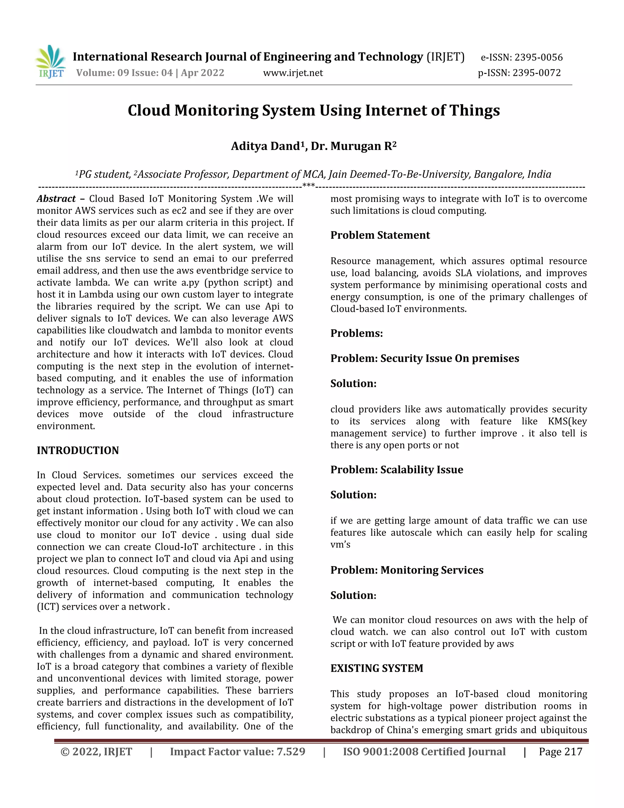 Cloud Monitoring System Using Internet of Things | PDF