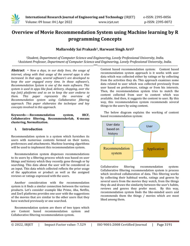 Overview of Movie Recommendation System using Machine learning by R programming Concepts | PDF