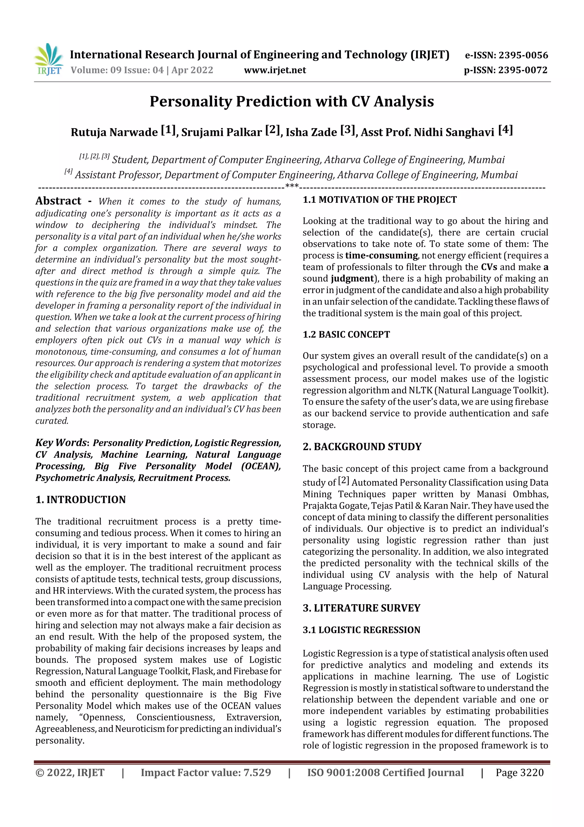 Personality Prediction with CV Analysis | PDF