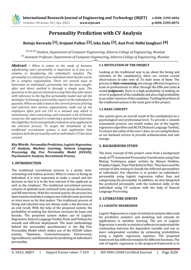 Personality Prediction with CV Analysis | PDF