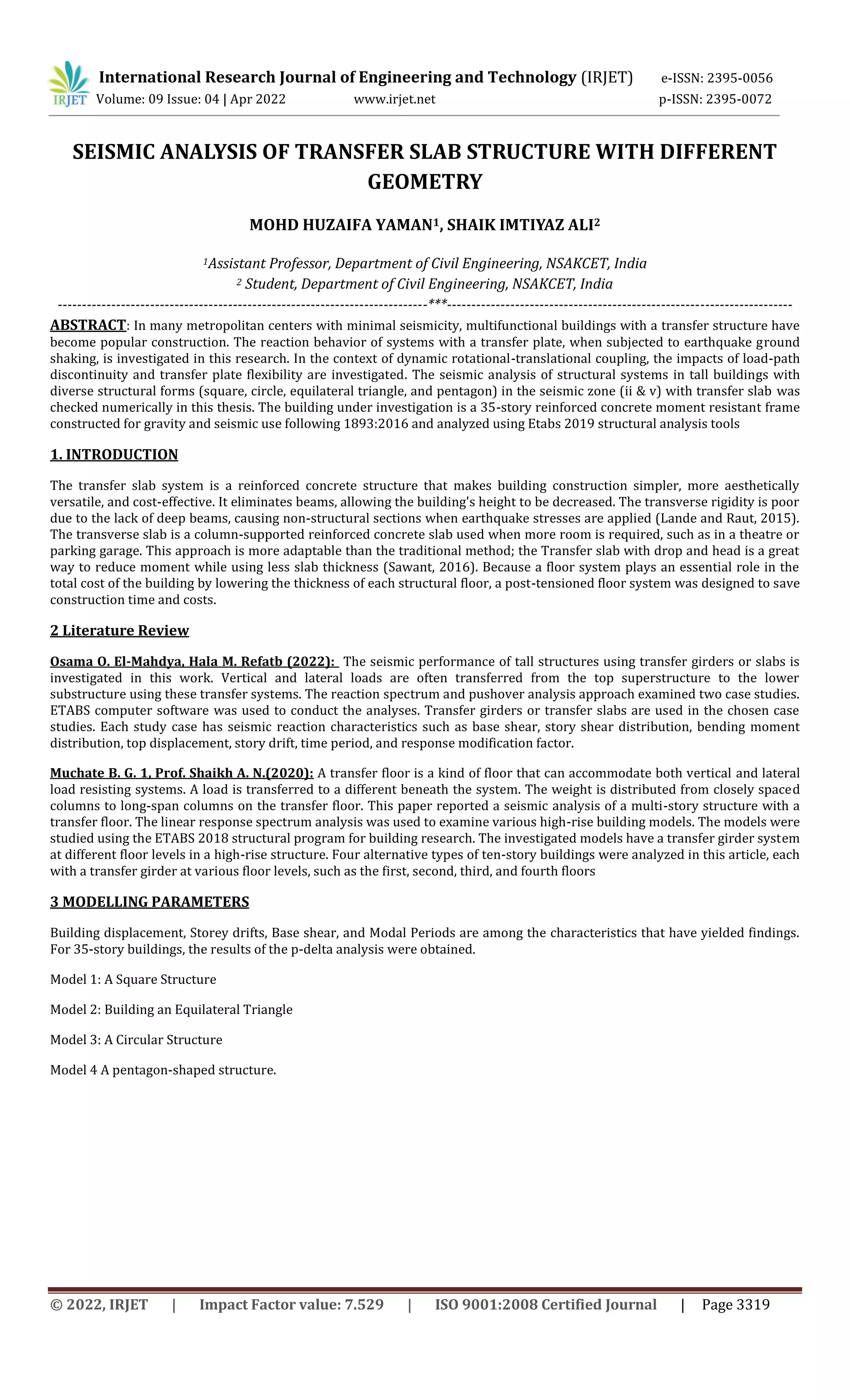 SEISMIC ANALYSIS OF TRANSFER SLAB STRUCTURE WITH DIFFERENT GEOMETRY | PDF