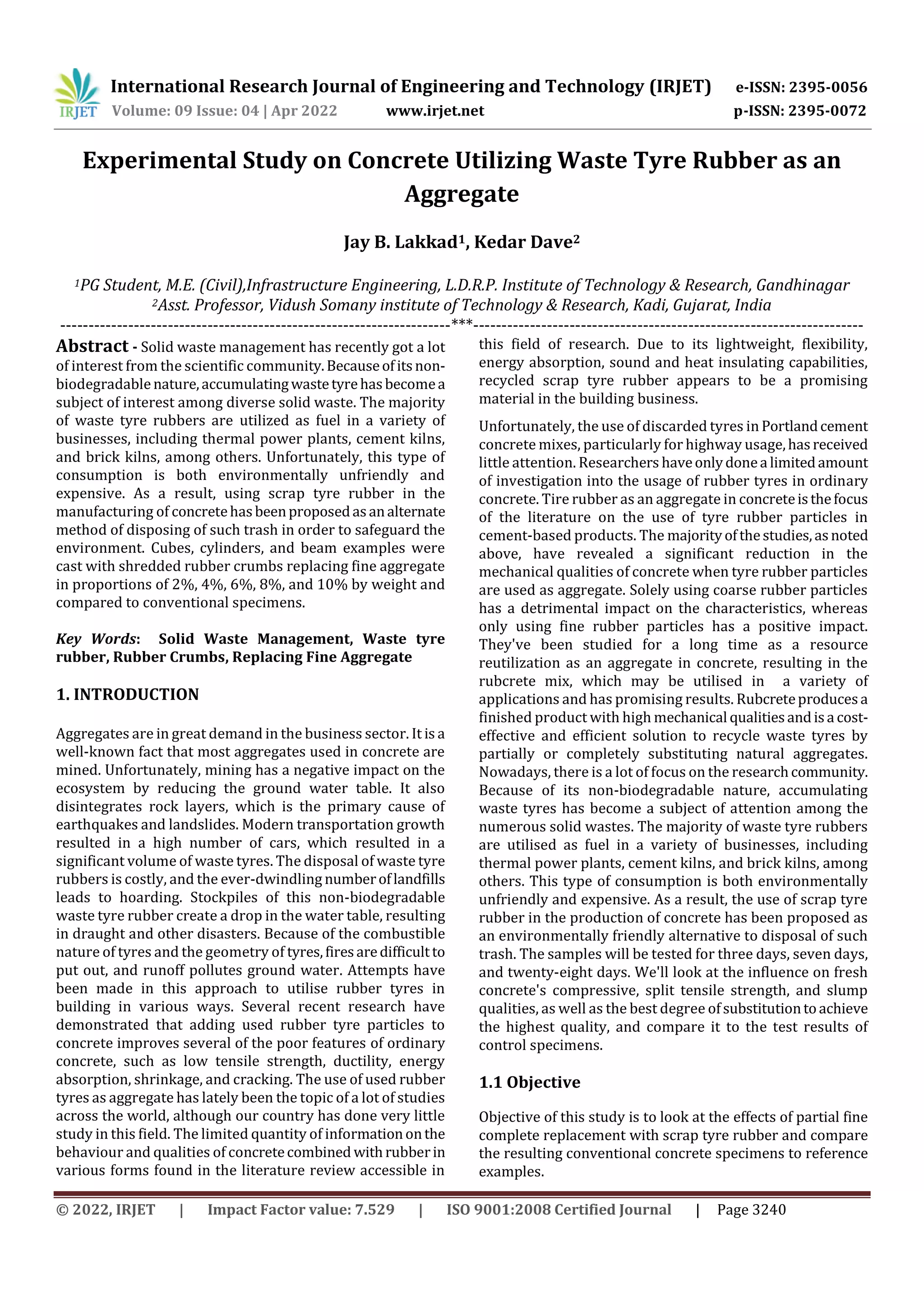 Experimental Study on Concrete Utilizing Waste Tyre Rubber as an ...