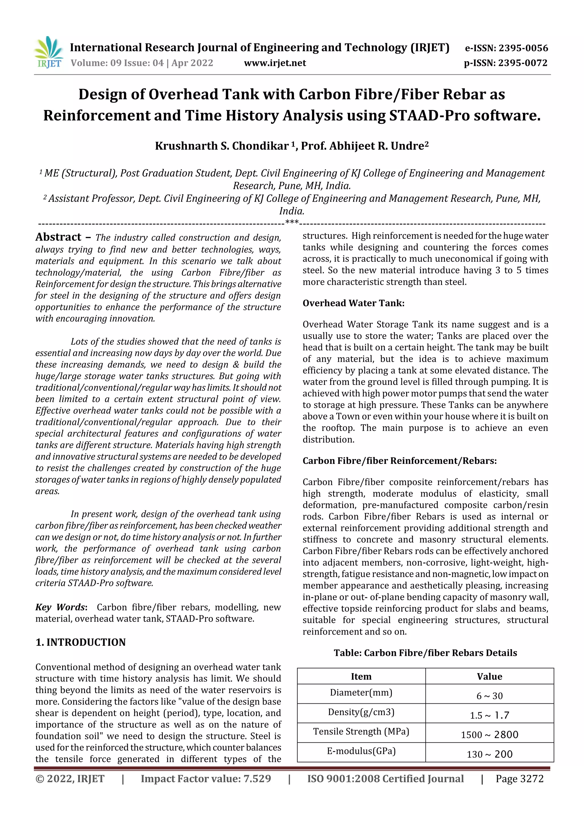 Design of Overhead Tank with Carbon Fibre/Fiber Rebar as Reinforcement ...