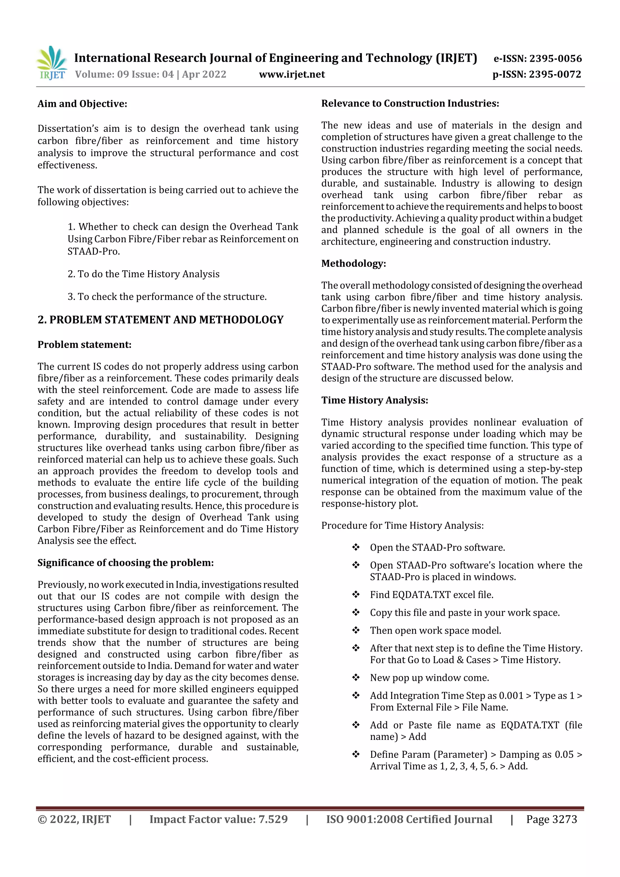 Design of Overhead Tank with Carbon Fibre/Fiber Rebar as Reinforcement and Time History Analysis ...