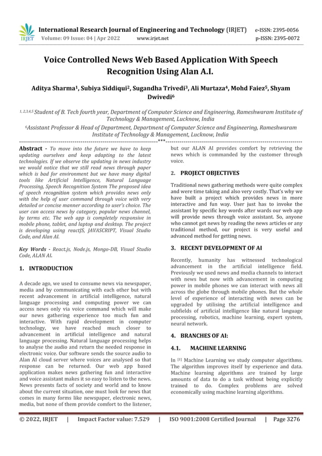 Voice Controlled News Web Based Application With Speech Recognition Using Alan A.I. | PDF