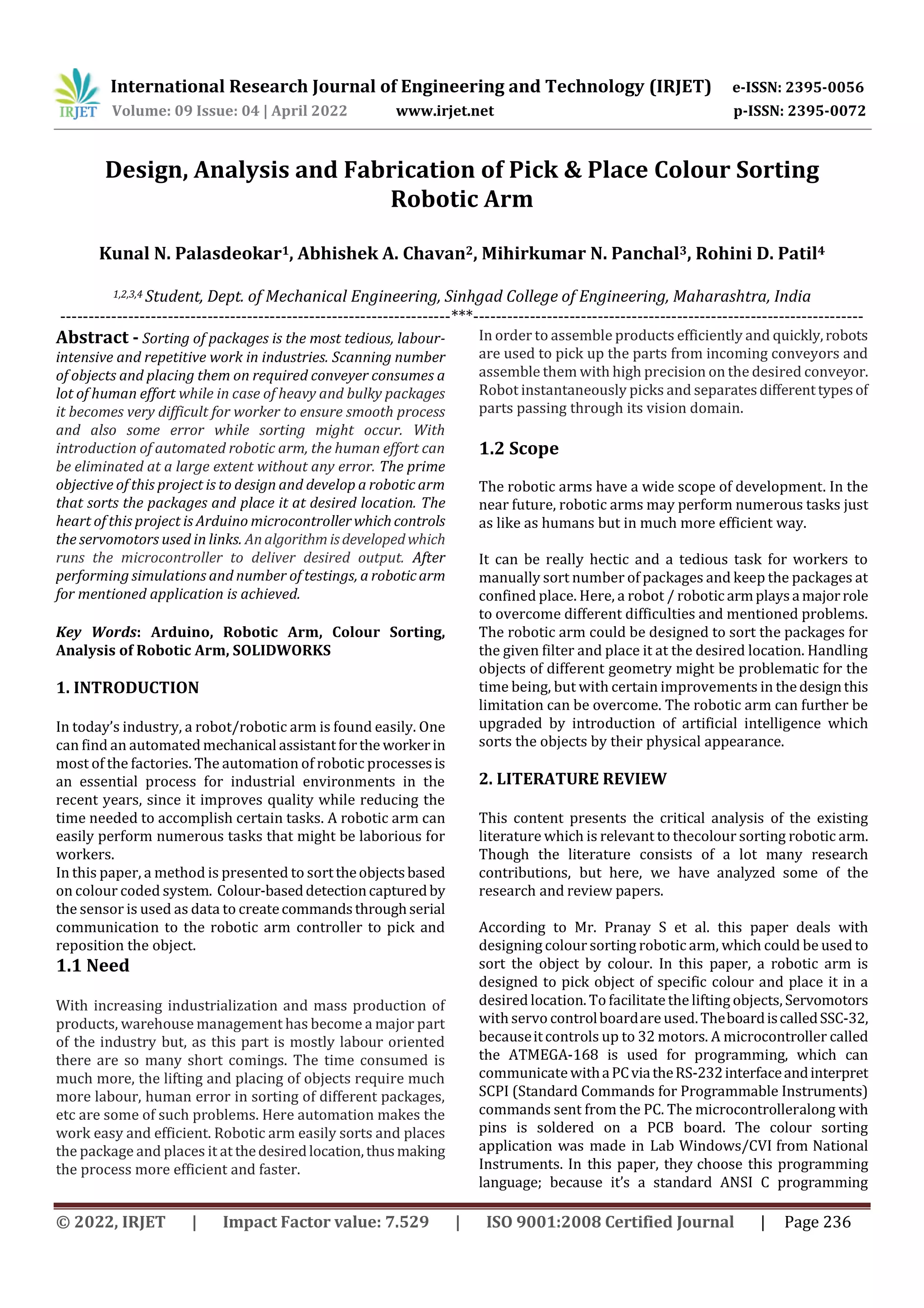 Design, Analysis and Fabrication of Pick & Place Colour Sorting Robotic Arm | PDF