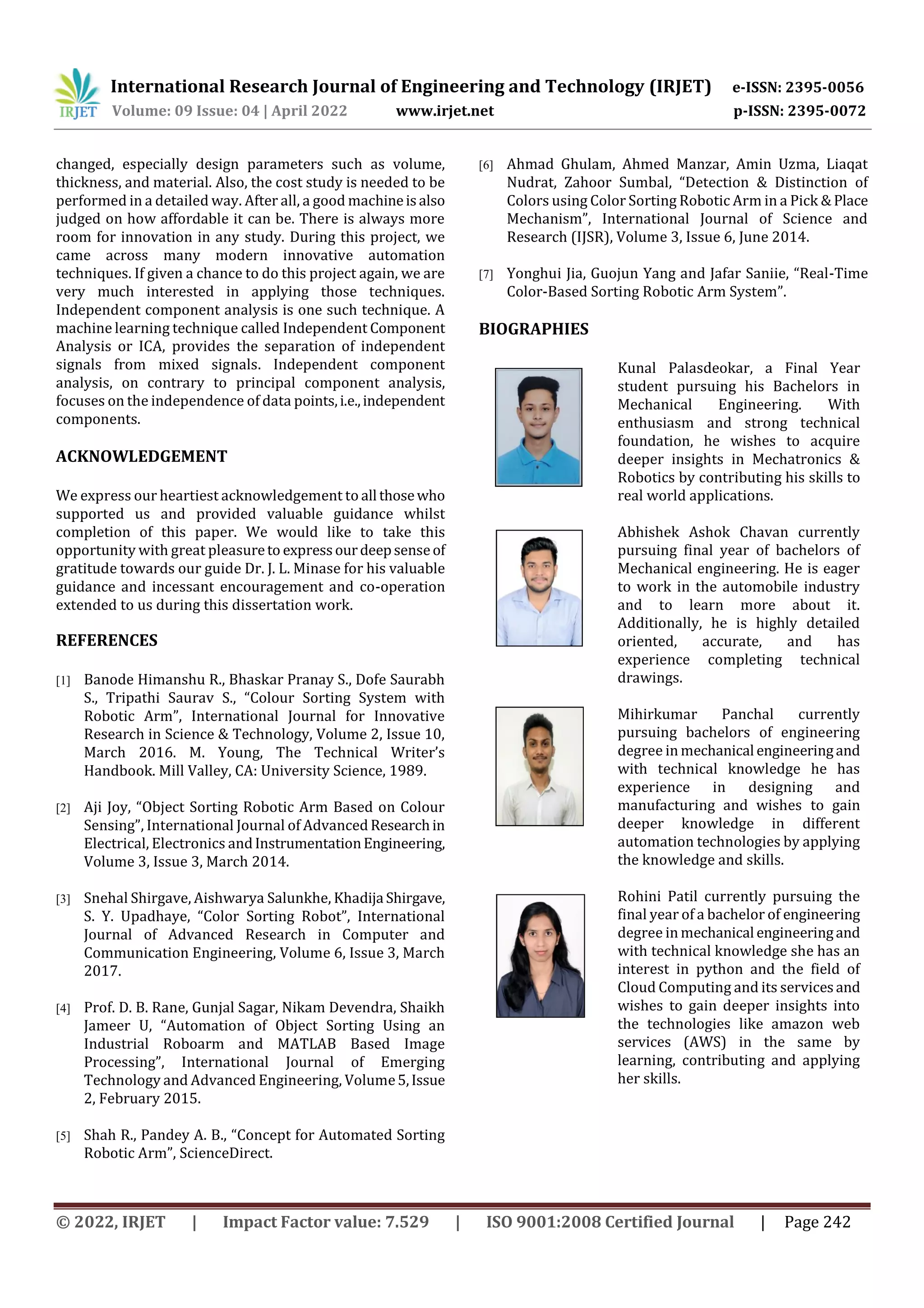Design, Analysis and Fabrication of Pick & Place Colour Sorting Robotic Arm | PDF