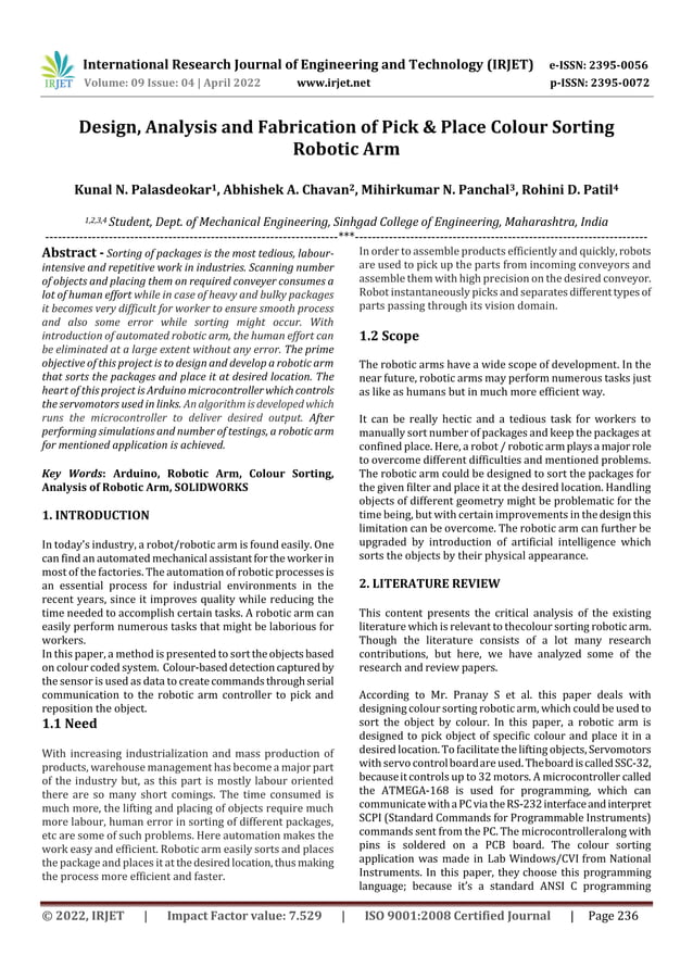 Design, Analysis and Fabrication of Pick & Place Colour Sorting Robotic Arm | PDF