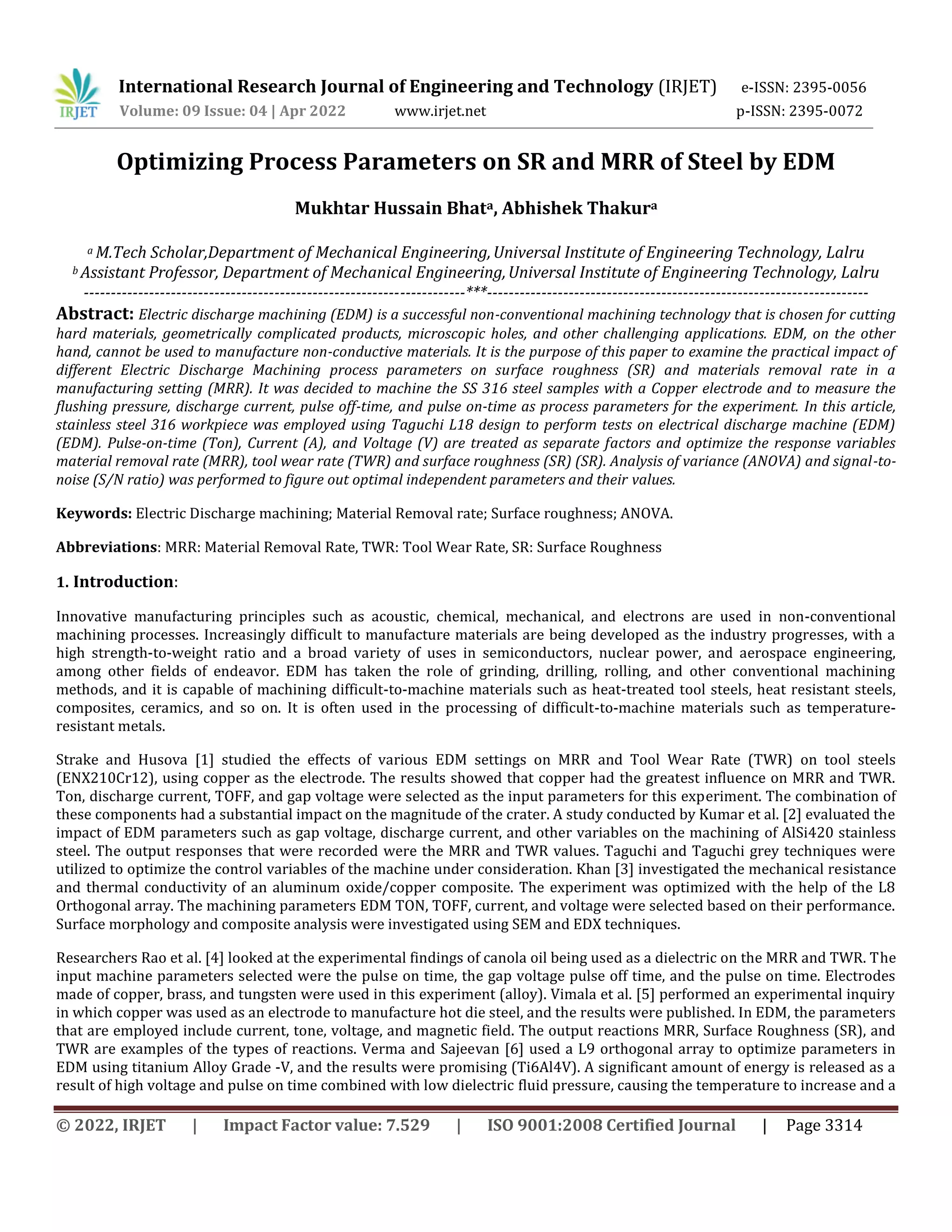 Optimizing Process Parameters on SR and MRR of Steel by EDM | PDF | Chemistry | Science