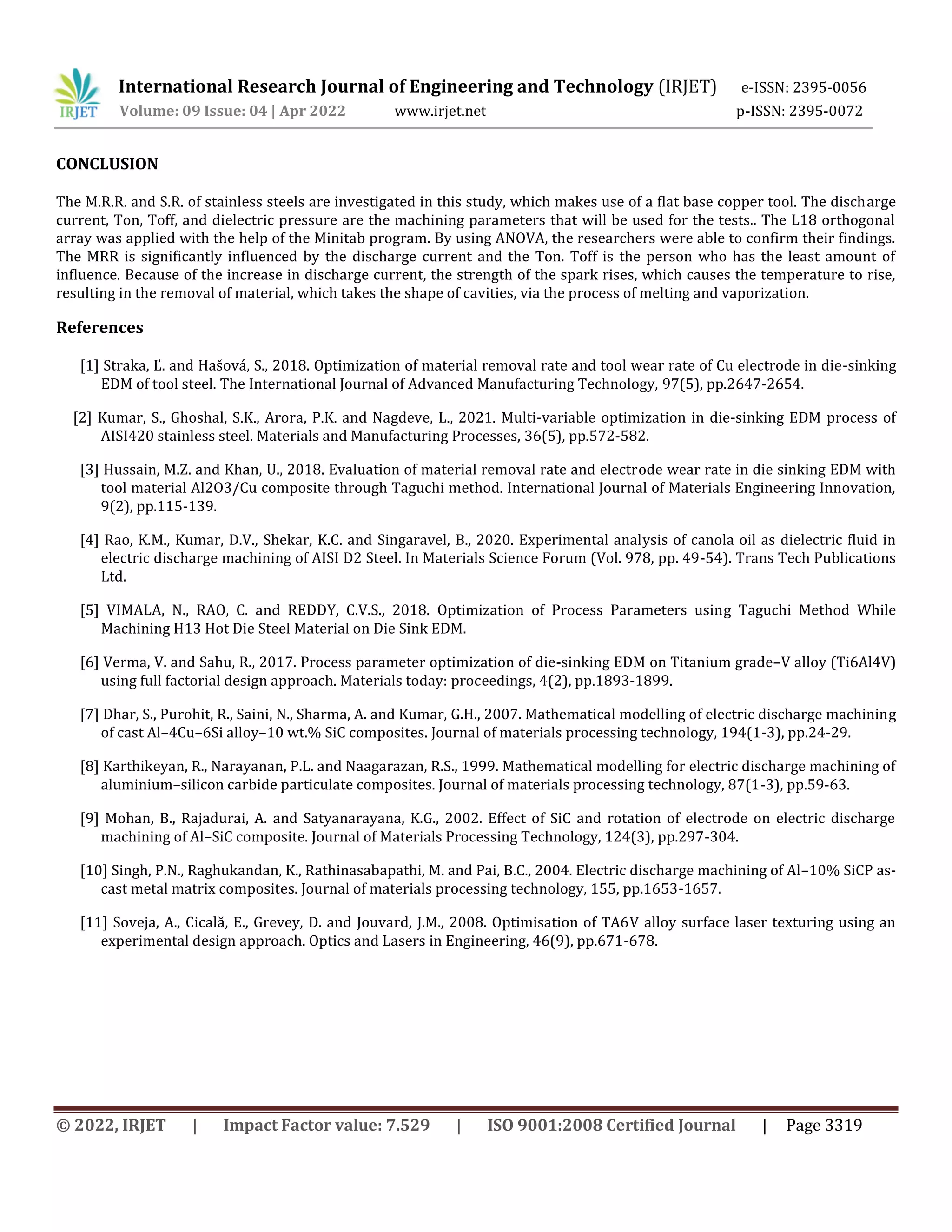 Optimizing Process Parameters on SR and MRR of Steel by EDM | PDF | Chemistry | Science