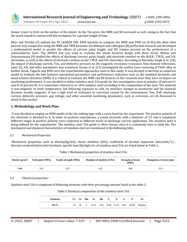 Optimizing Process Parameters on SR and MRR of Steel by EDM | PDF | Chemistry | Science
