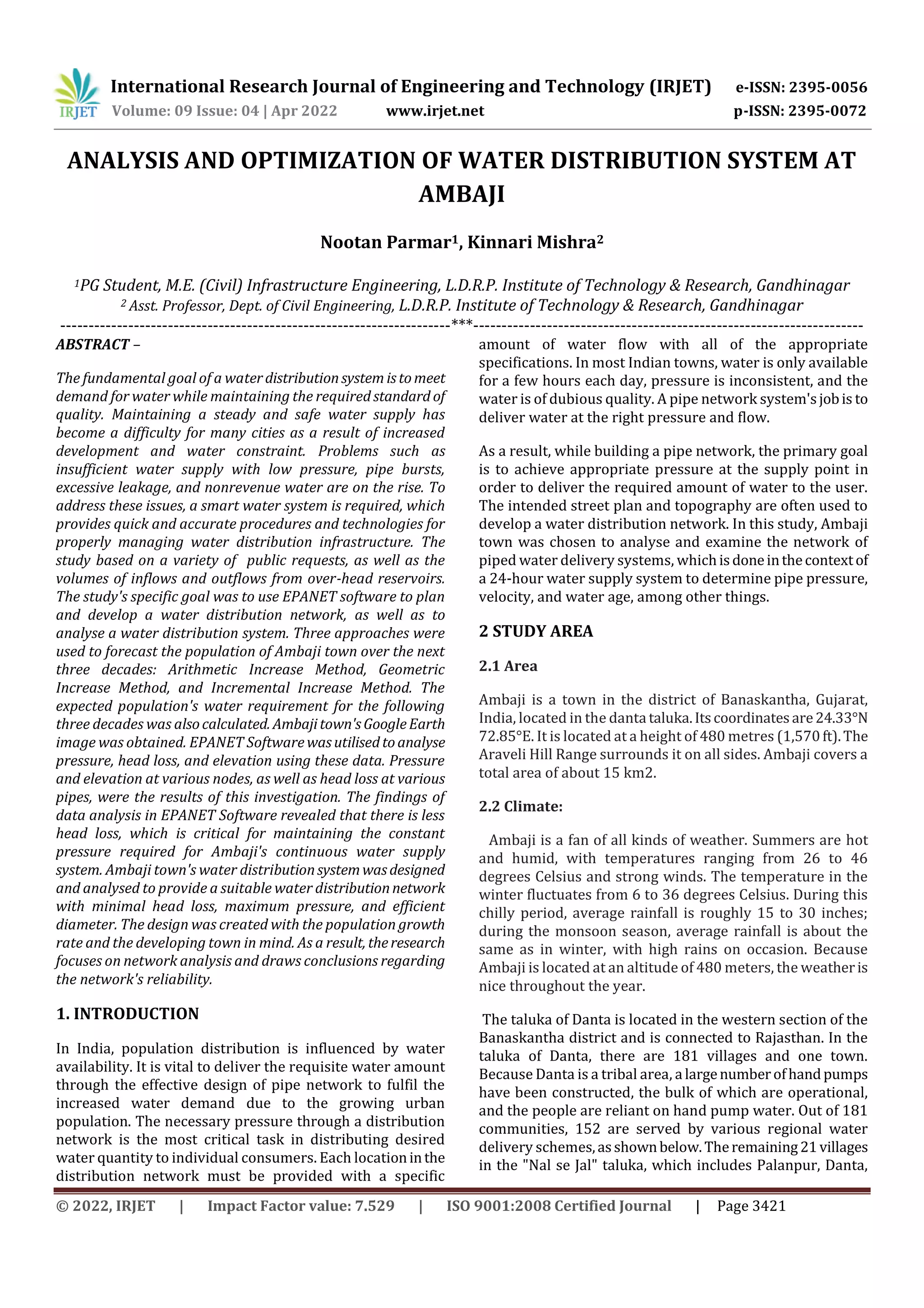 ANALYSIS AND OPTIMIZATION OF WATER DISTRIBUTION SYSTEM AT AMBAJI | PDF