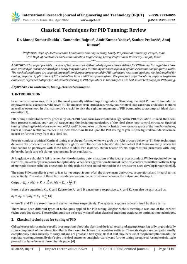 Classical Techniques for PID Tunning: Review | PDF