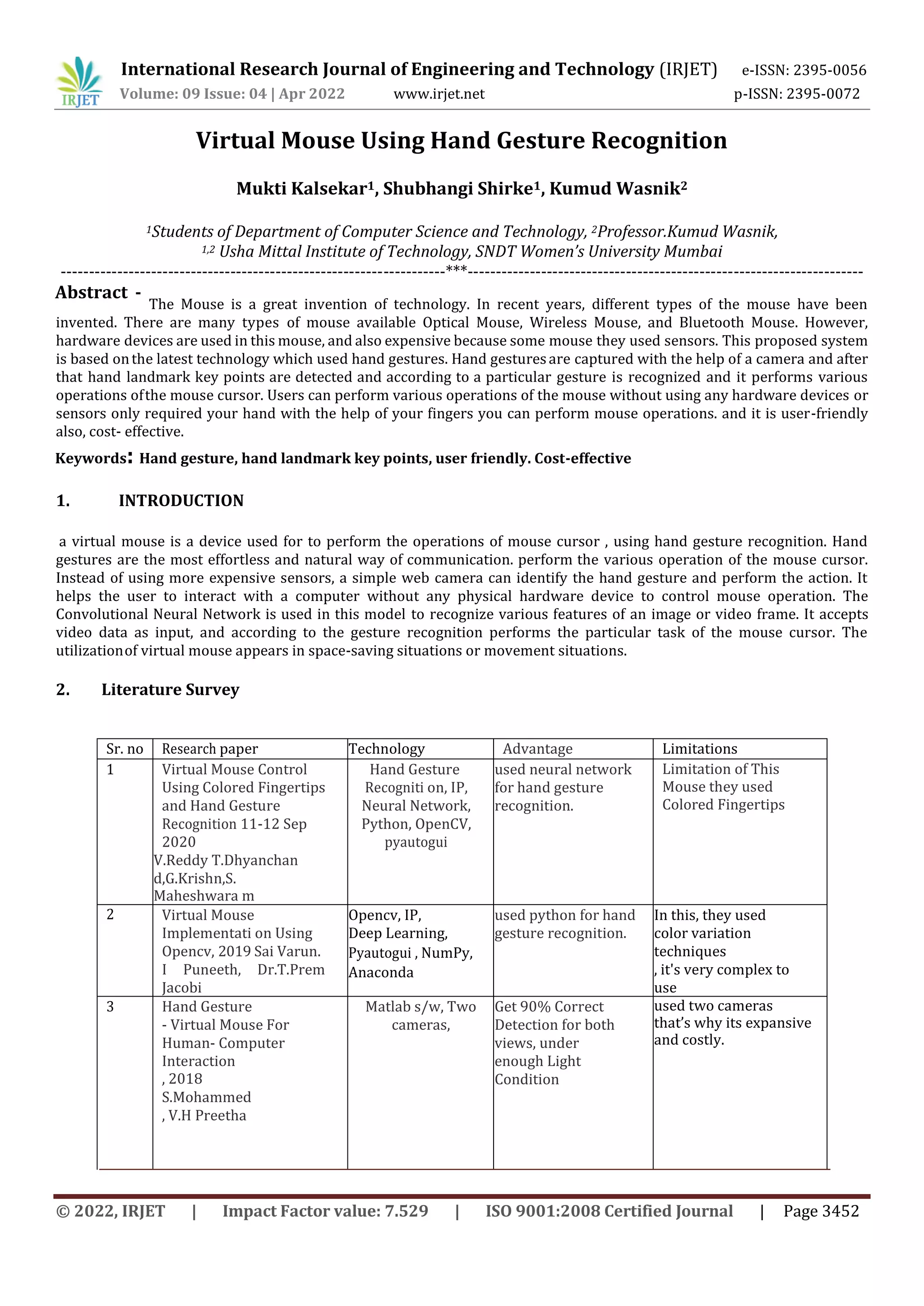 Virtual Mouse Using Hand Gesture Recognition | PDF