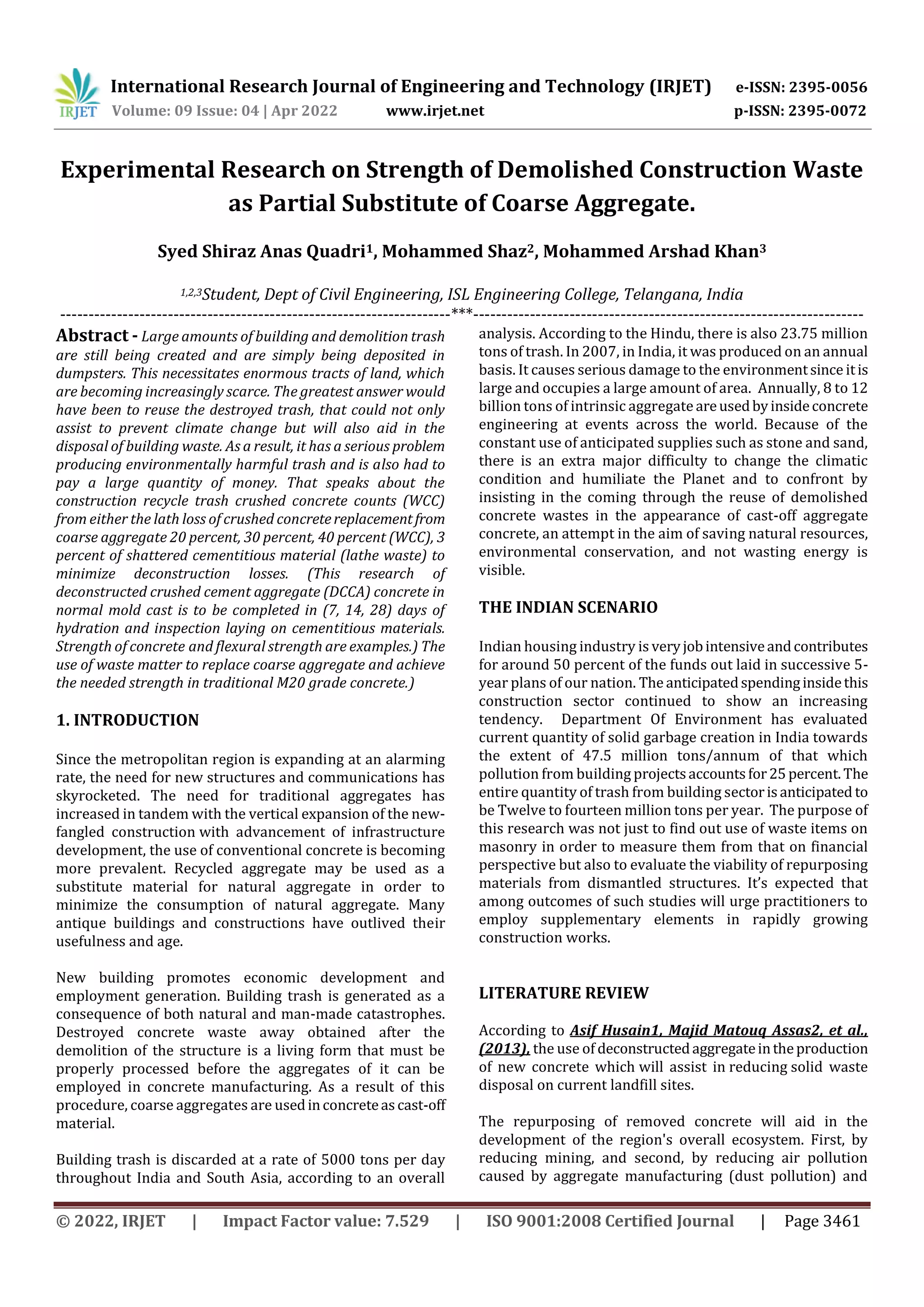 Experimental Research on Strength of Demolished Construction Waste as Partial Substitute of ...