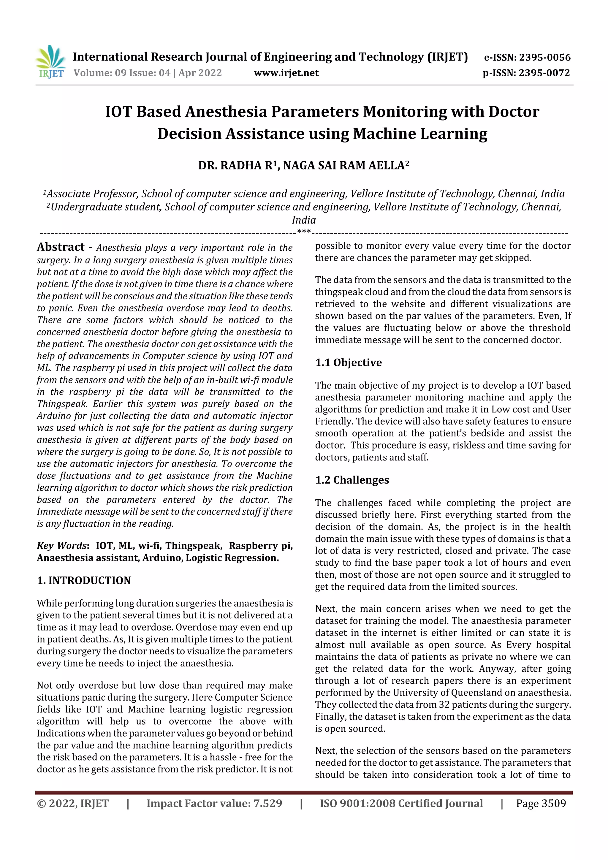 IOT Based Anesthesia Parameters Monitoring with Doctor Decision Assistance using Machine ...