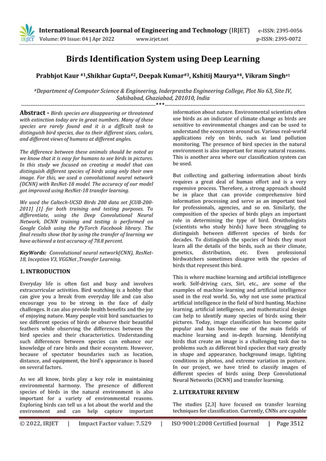 Birds Identification System using Deep Learning | PDF