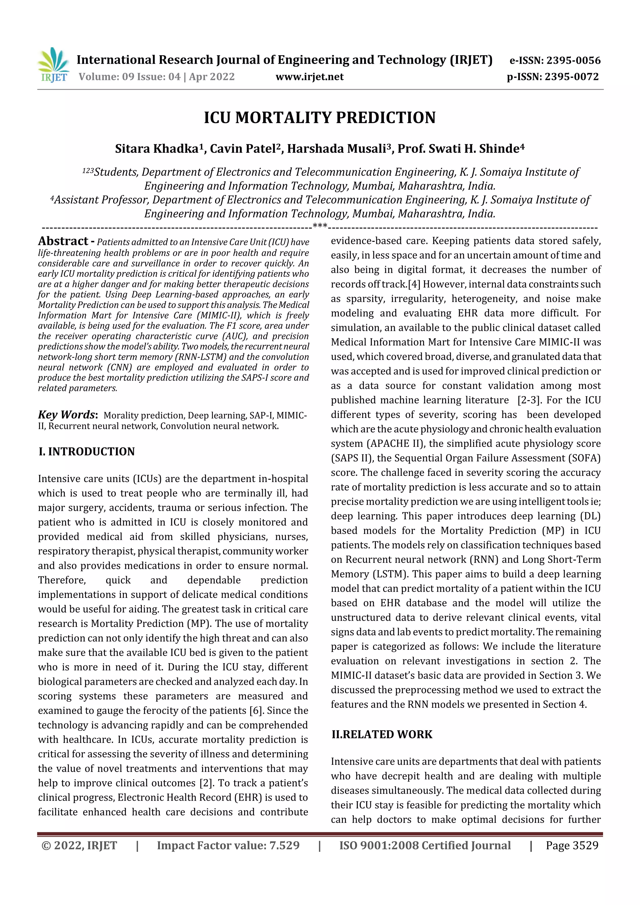 ICU MORTALITY PREDICTION | PDF