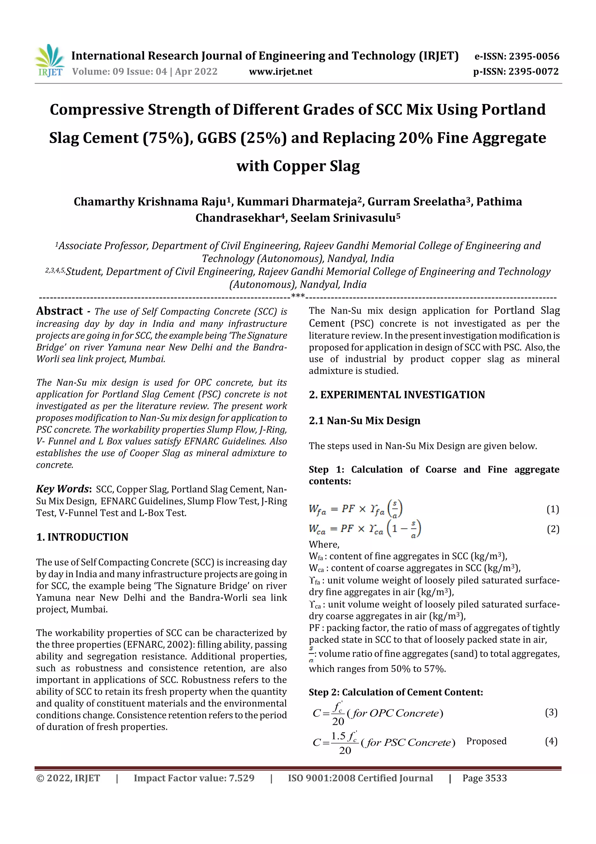 Compressive Strength of Different Grades of SCC Mix Using Portland Slag Cement (75%), GGBS (25% ...