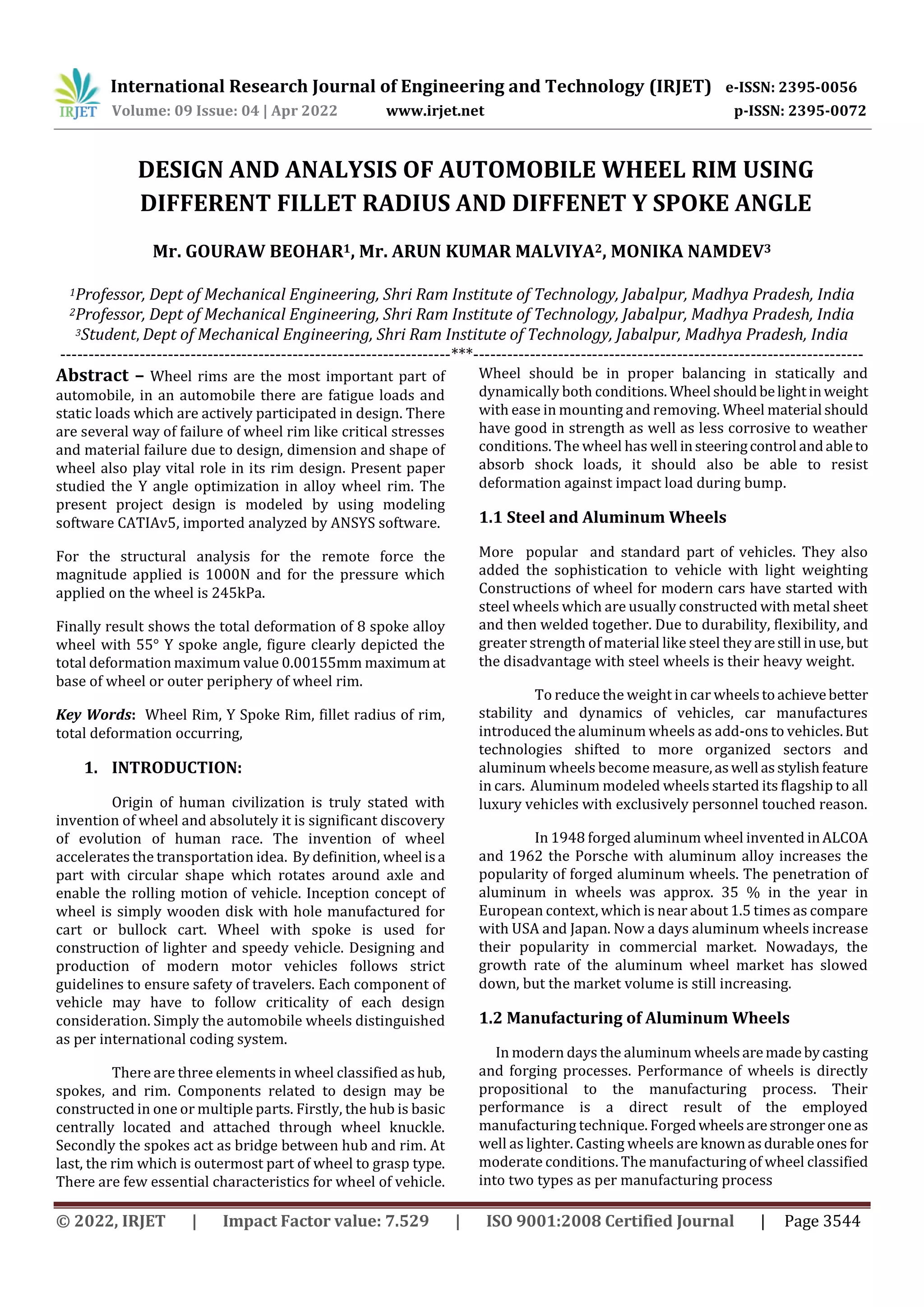 DESIGN AND ANALYSIS OF AUTOMOBILE WHEEL RIM USING DIFFERENT FILLET ...