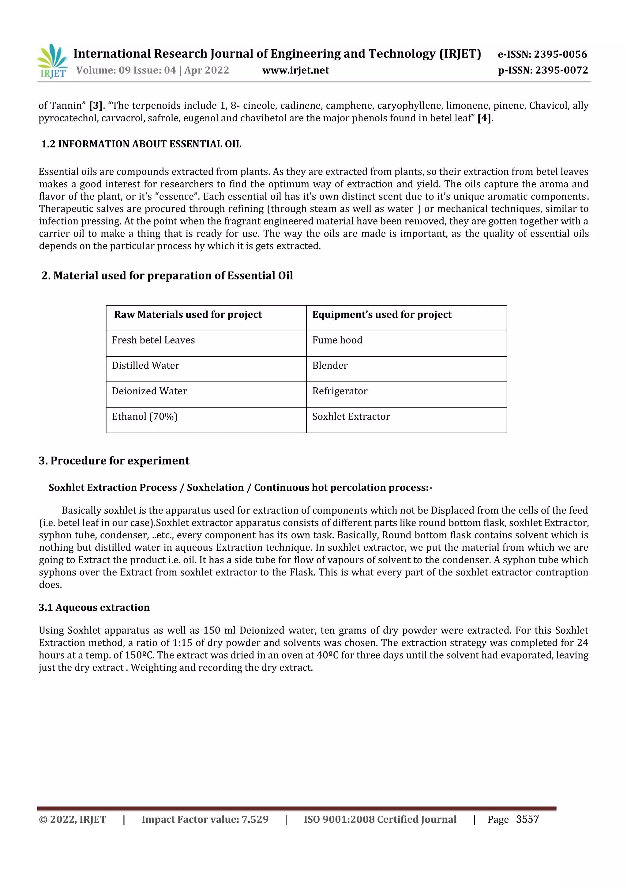 Extraction Of Essential Oil From Betel Leaves | PDF