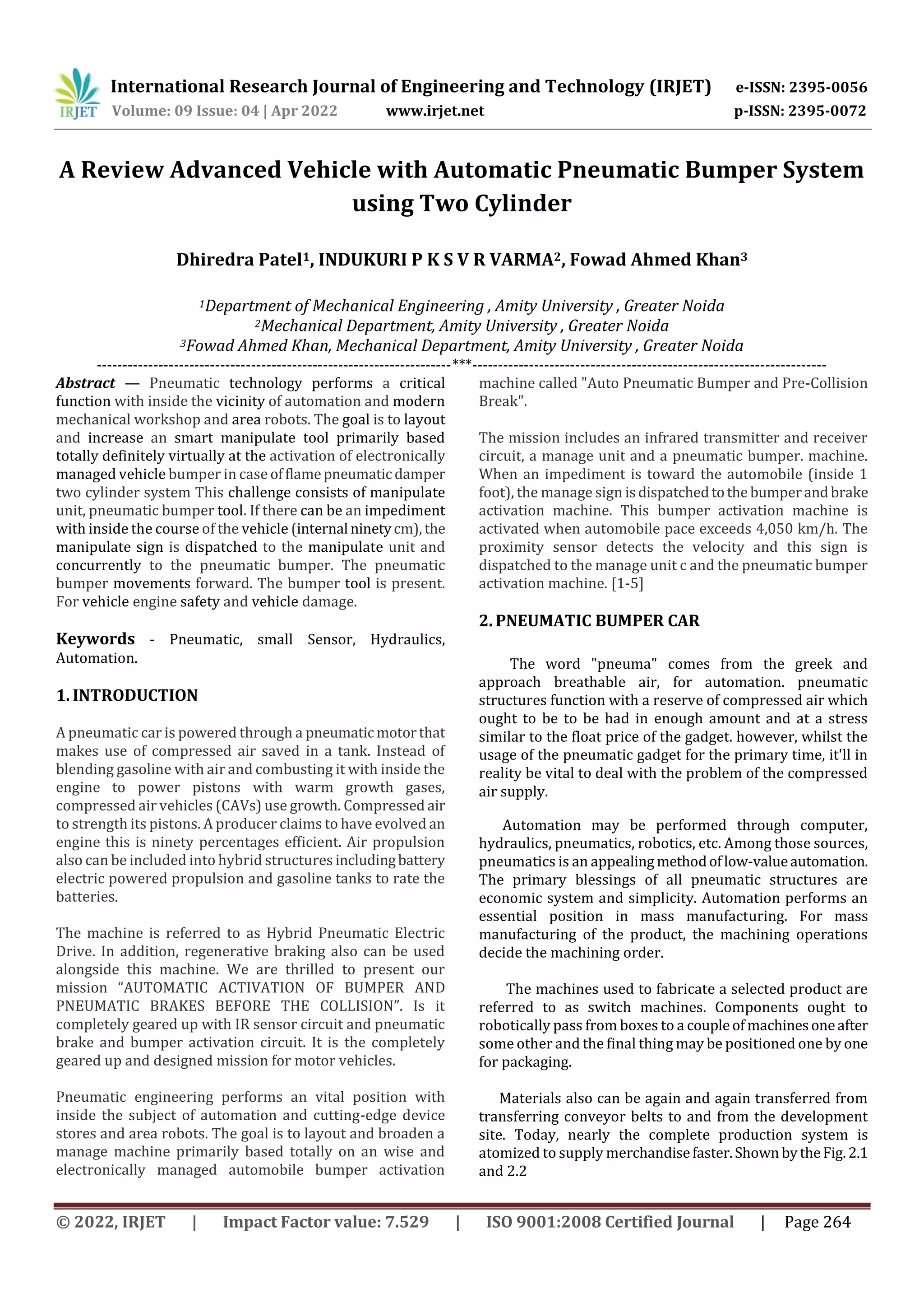 A Review Advanced Vehicle with Automatic Pneumatic Bumper System using ...