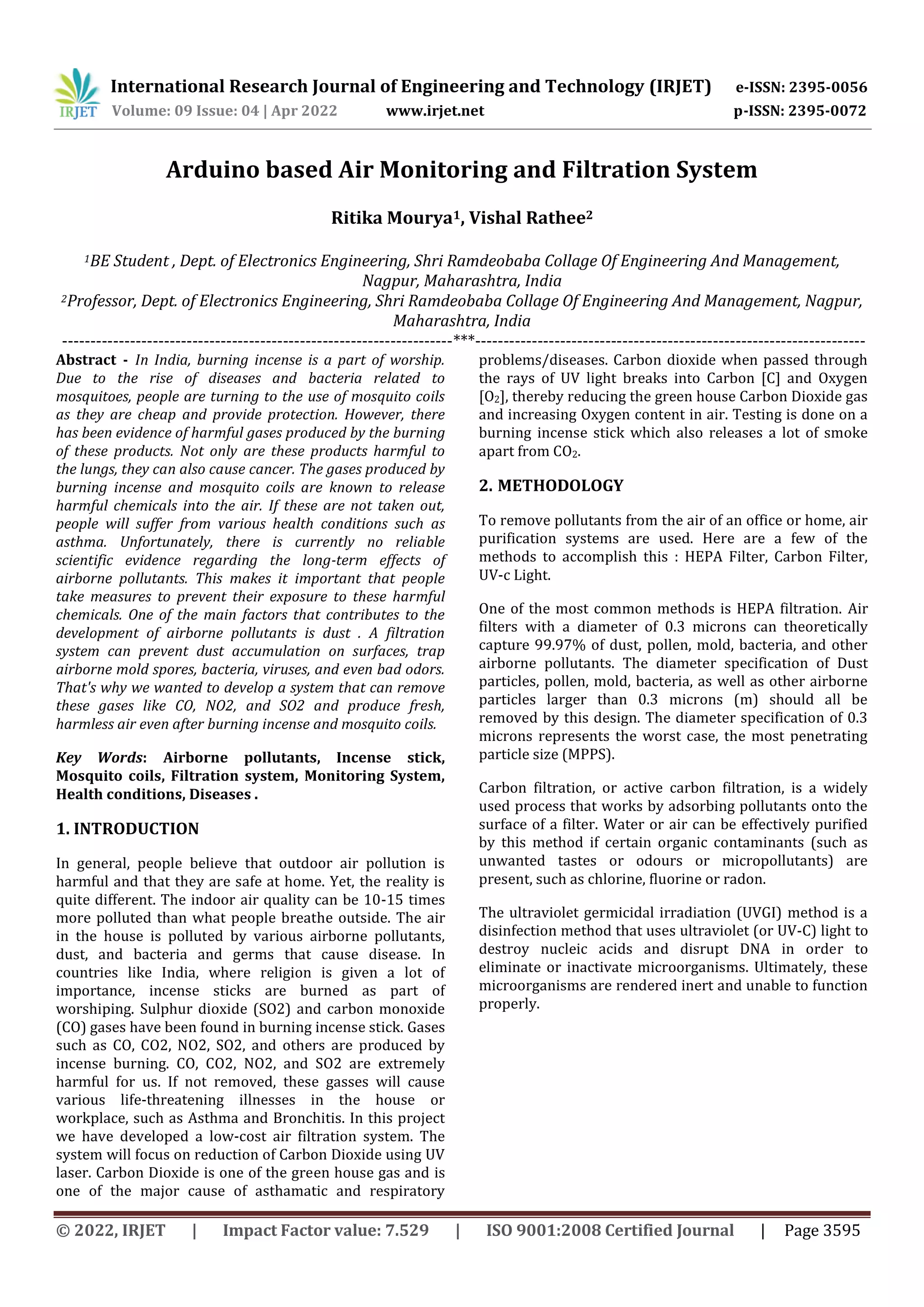 Arduino based Air Monitoring and Filtration System | PDF