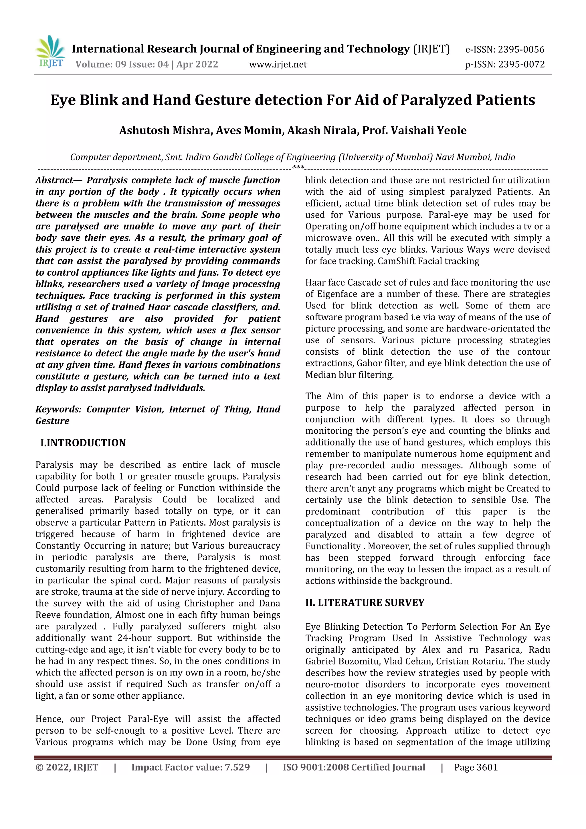 Eye Blink and Hand Gesture detection For Aid of Paralyzed Patients | PDF