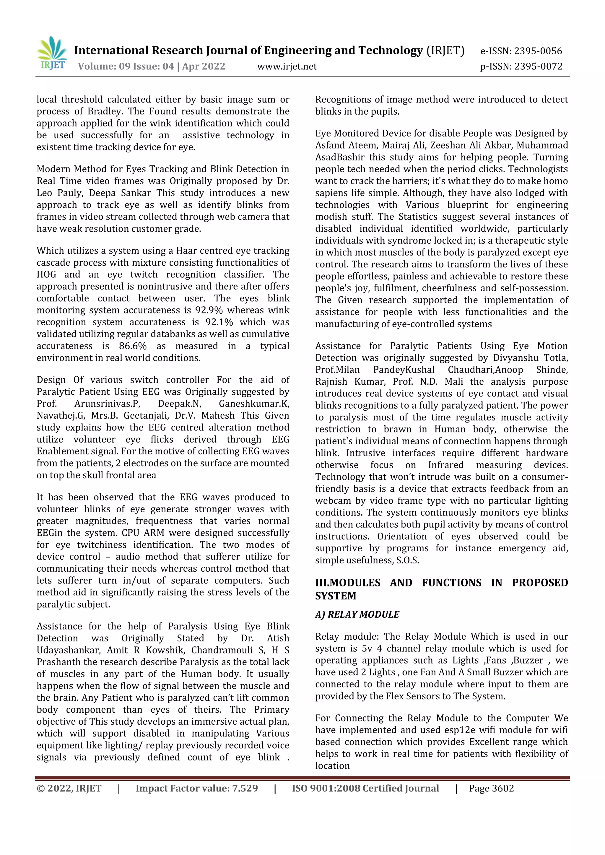Eye Blink and Hand Gesture detection For Aid of Paralyzed Patients | PDF