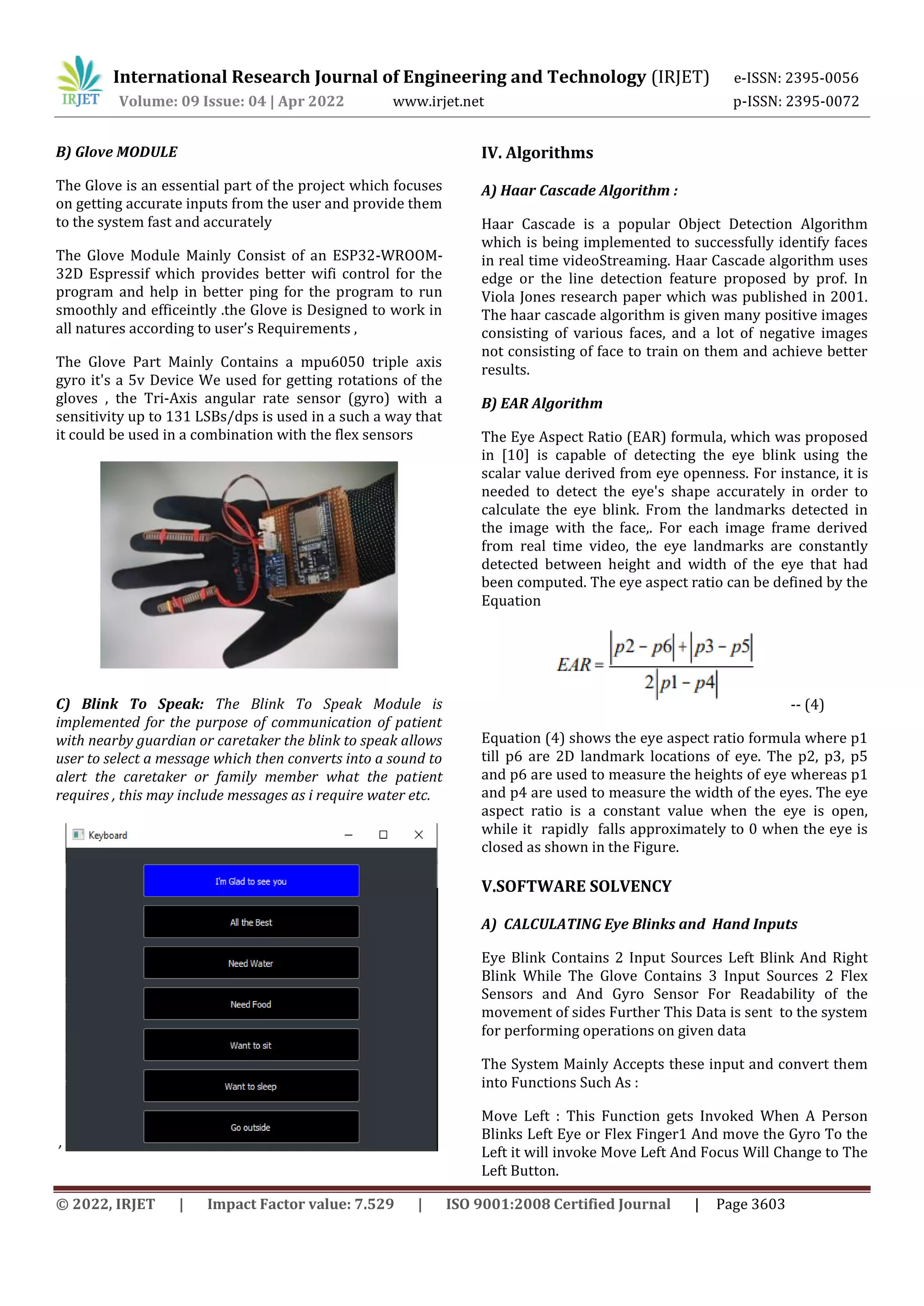 Eye Blink and Hand Gesture detection For Aid of Paralyzed Patients | PDF