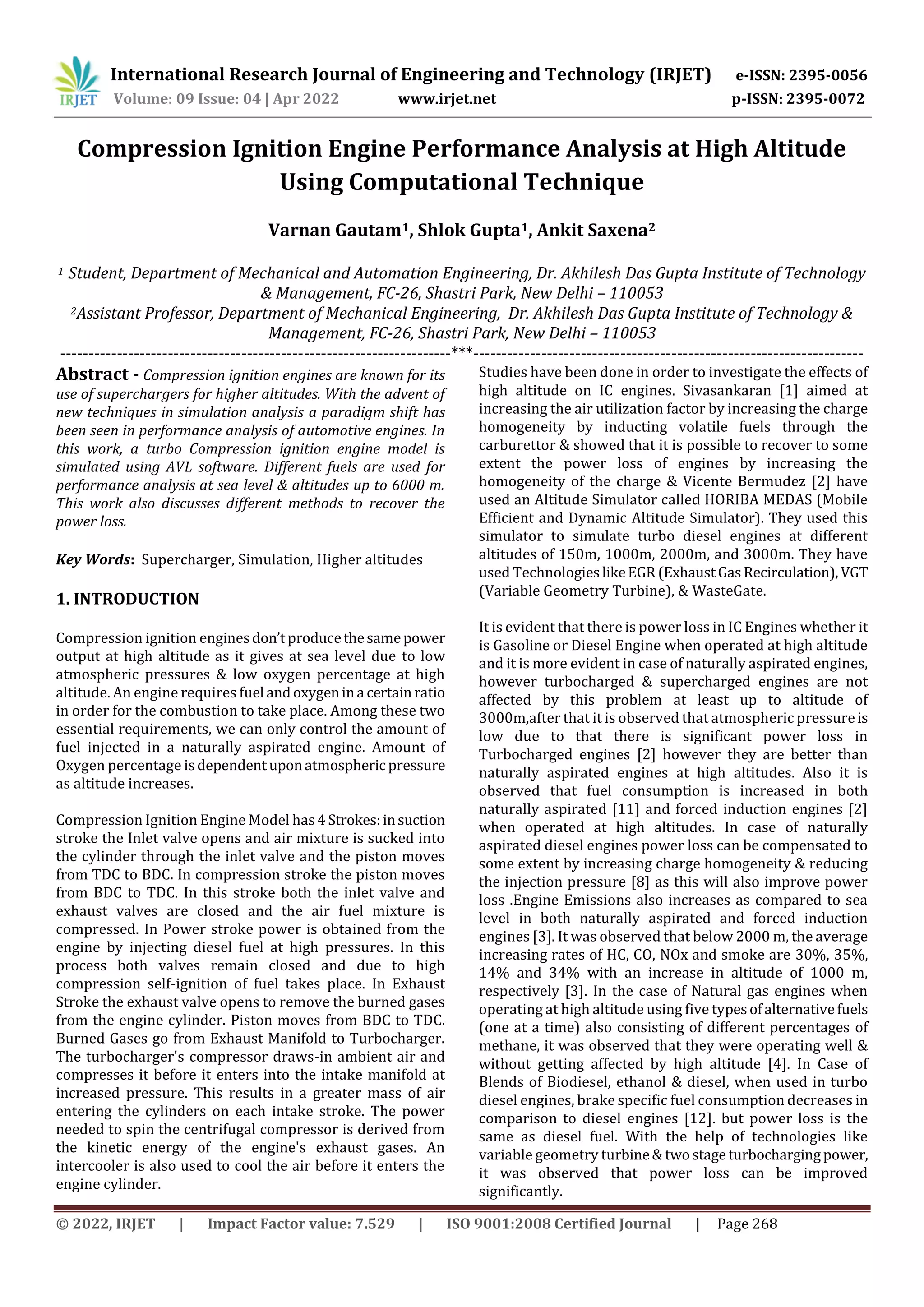 Compression Ignition Engine Performance Analysis At High Altitude Using Computational Technique