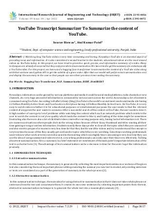YouTube Transcript Summarizer To Summarize the content of YouTube | PDF