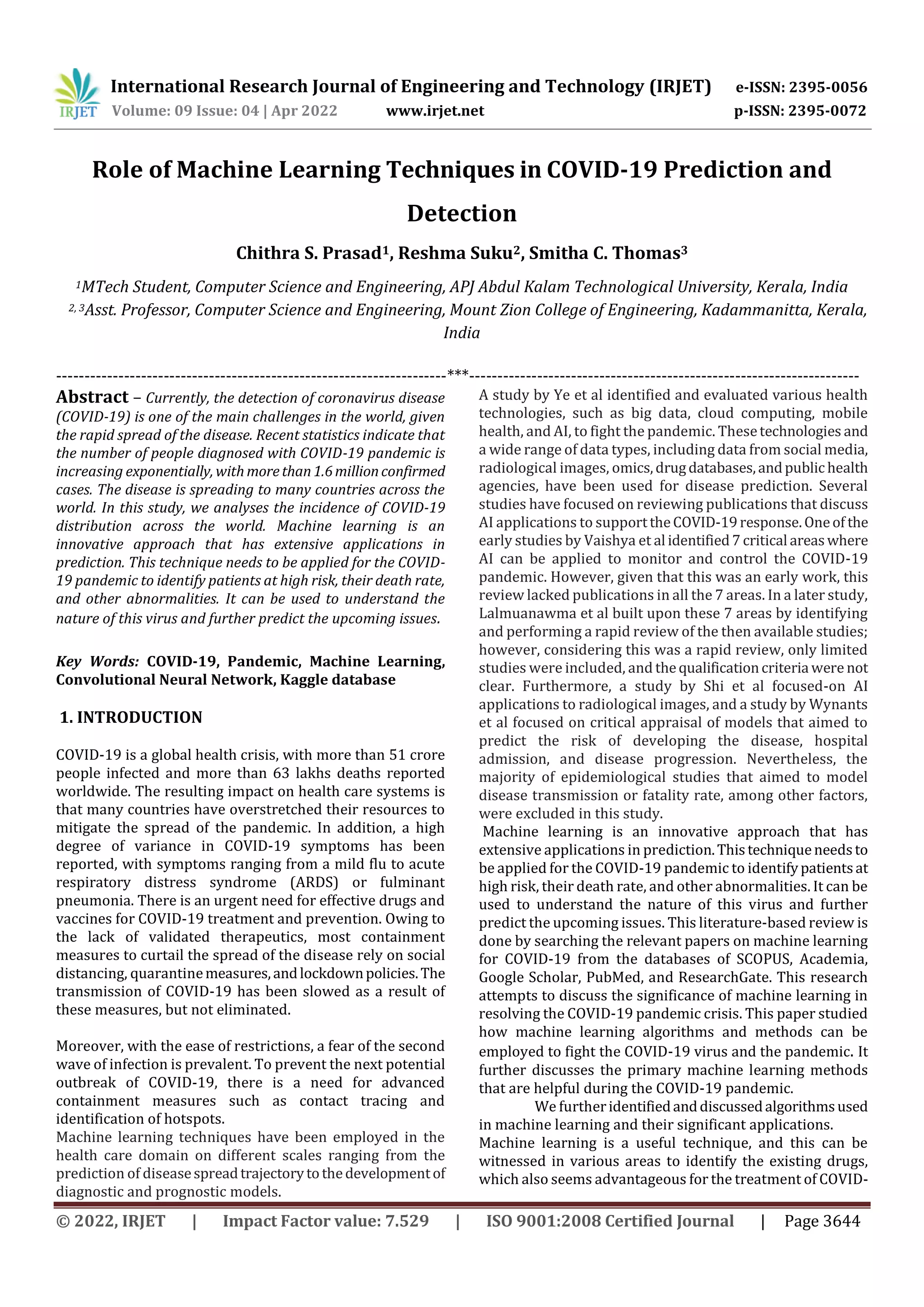 Role of Machine Learning Techniques in COVID-19 Prediction and ...