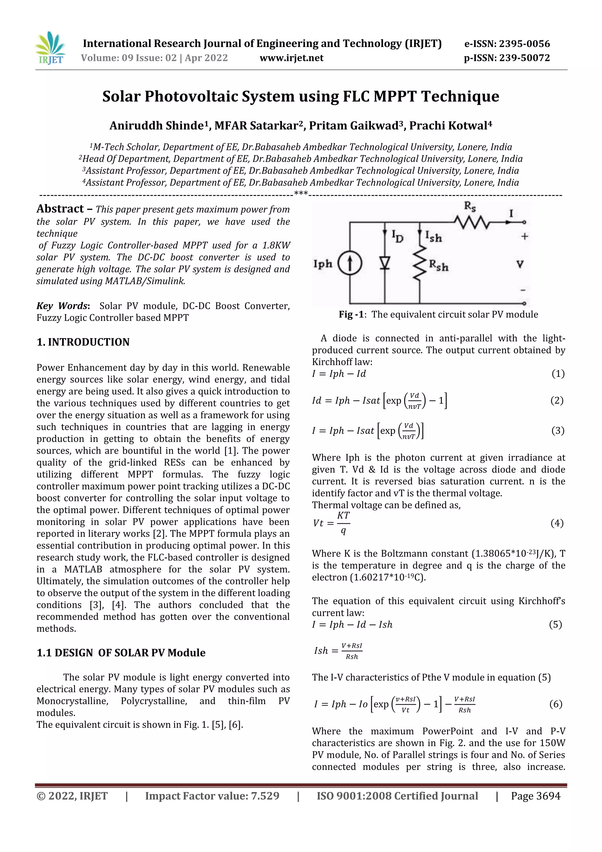 Solar Photovoltaic System using FLC MPPT Technique | PDF