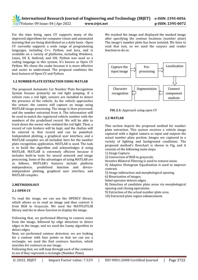 COMPARATIVE STUDY ON AUTOMATED NUMBER PLATE EXTRACTION USING OPEN CV AND MATLAB | PDF