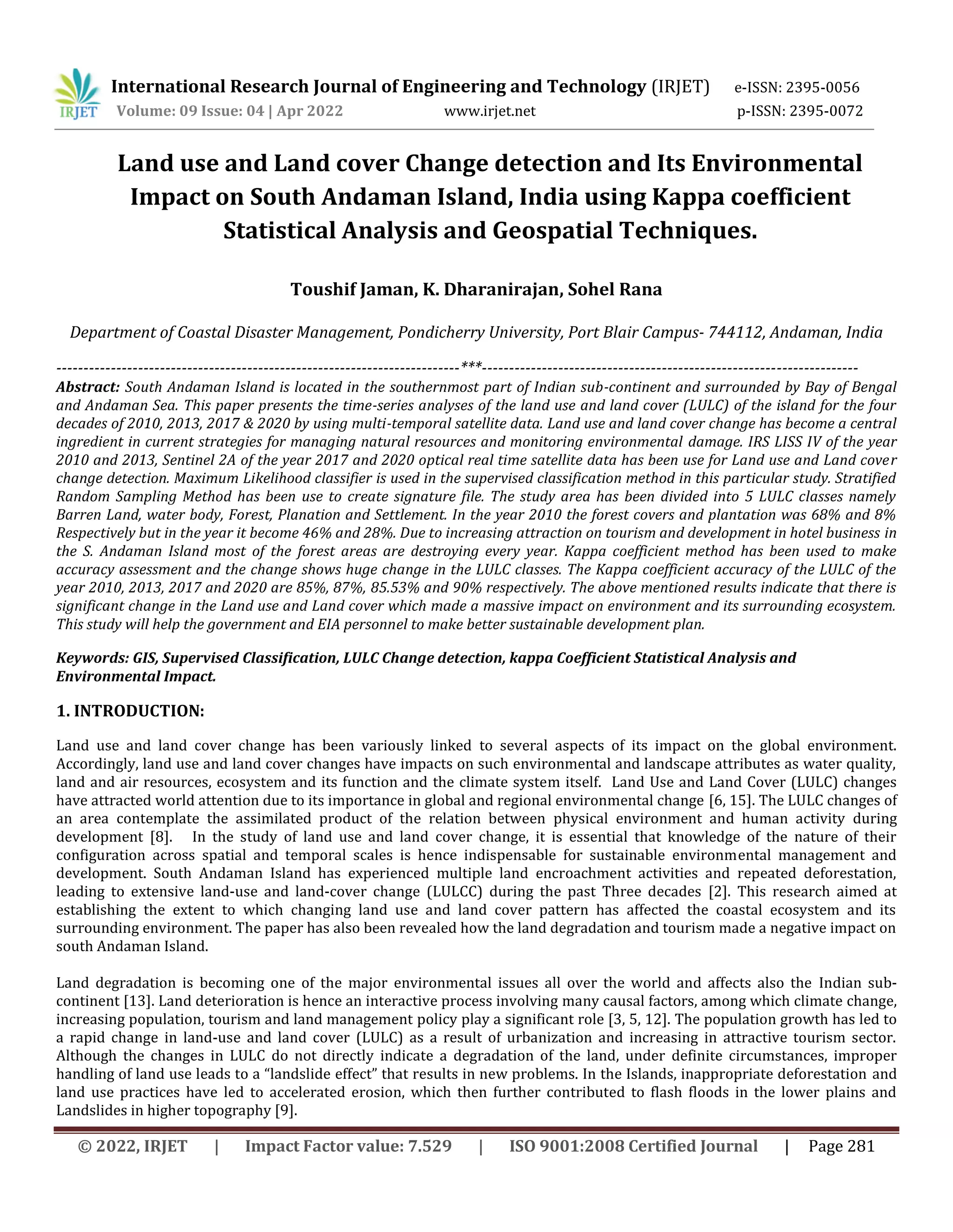 Land use and Land cover Change detection and Its Environmental Impact ...