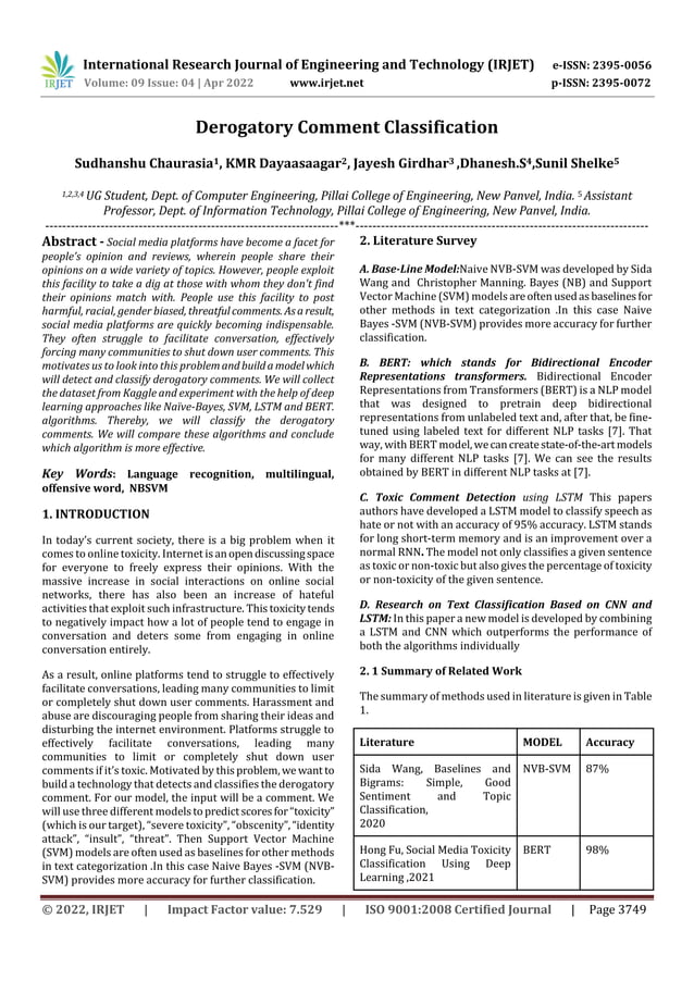 Derogatory Comment Classification | PDF