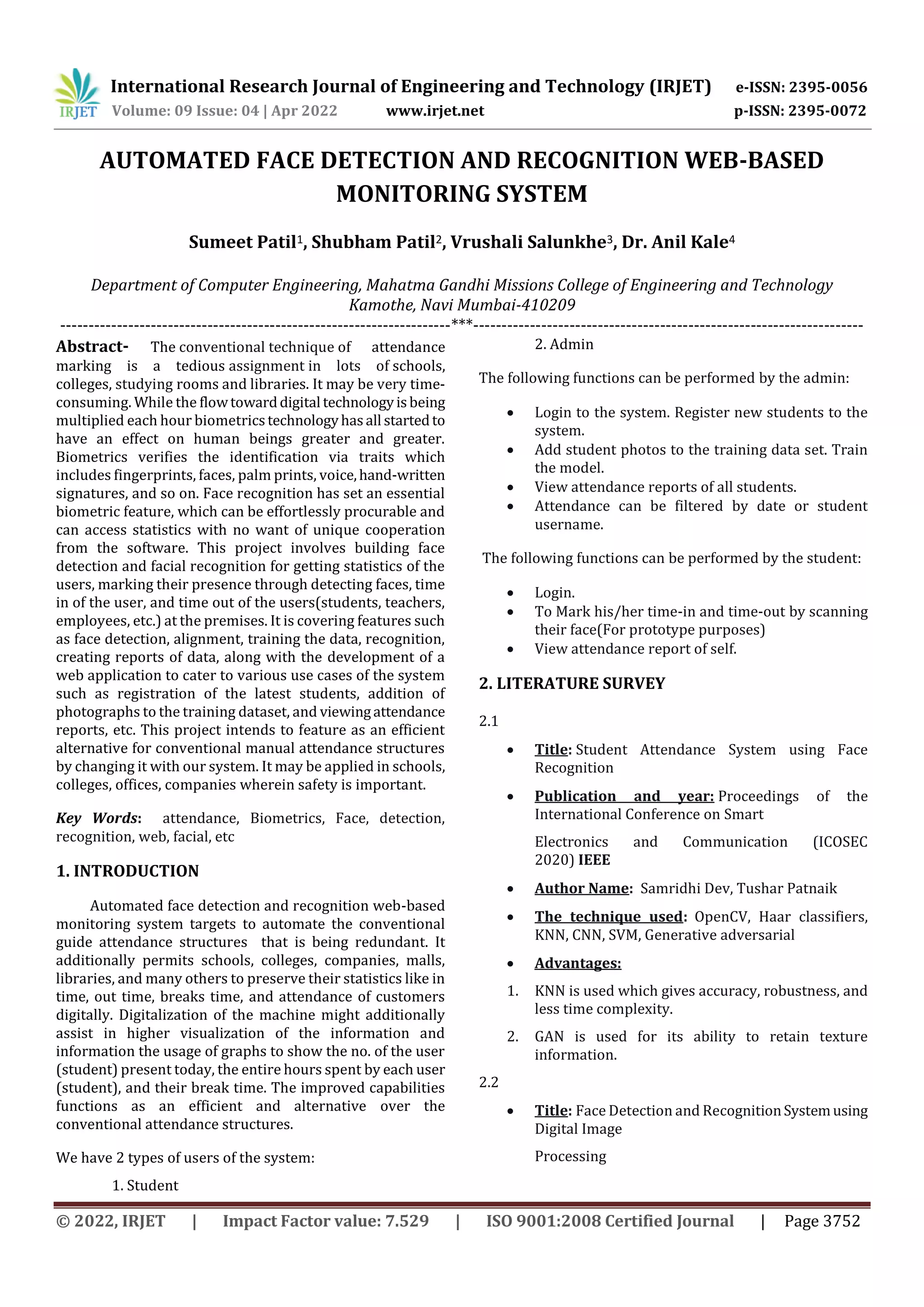 AUTOMATED FACE DETECTION AND RECOGNITION WEB-BASED MONITORING SYSTEM | PDF