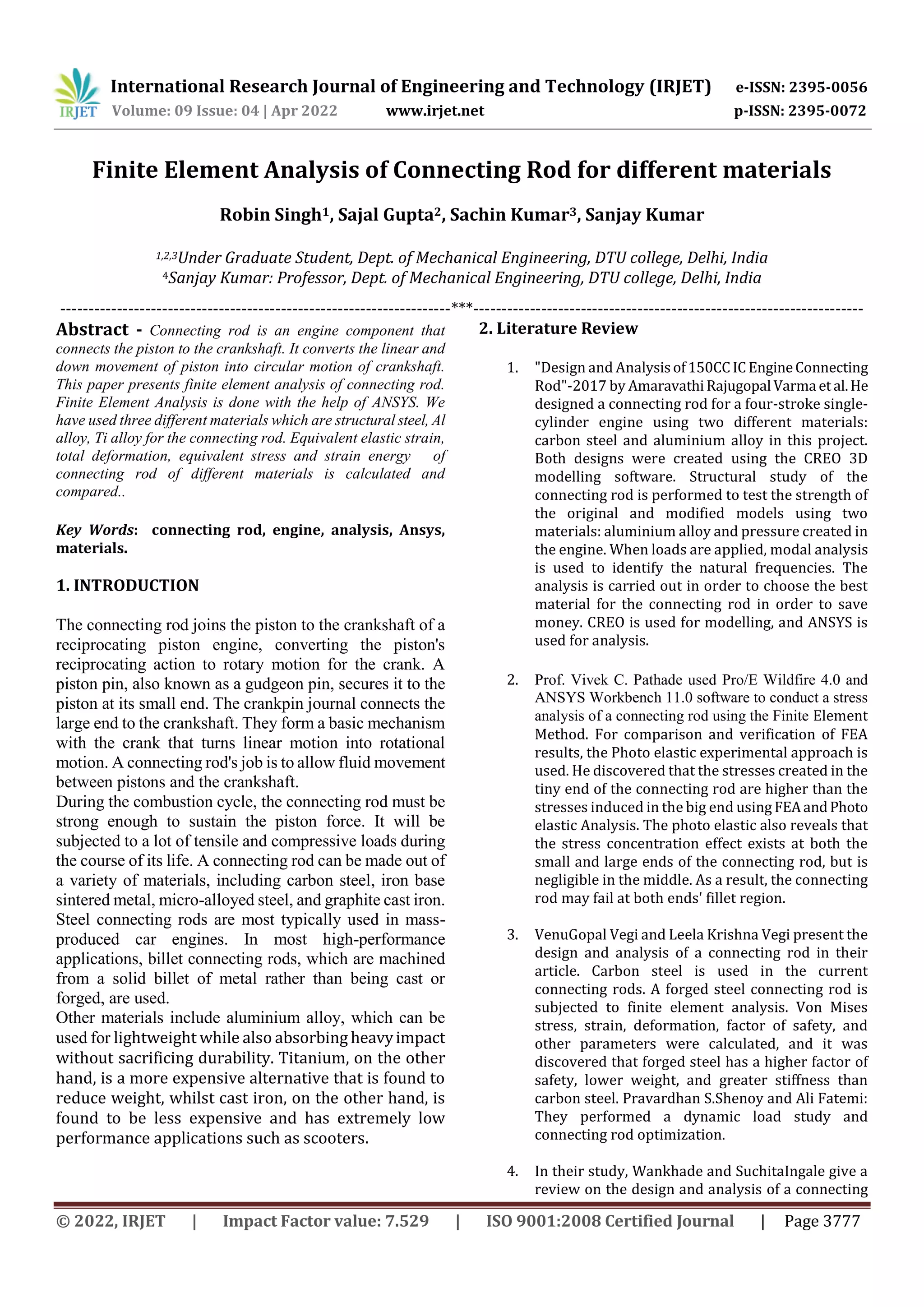 Finite Element Analysis of Connecting Rod for different materials | PDF | Physics | Science